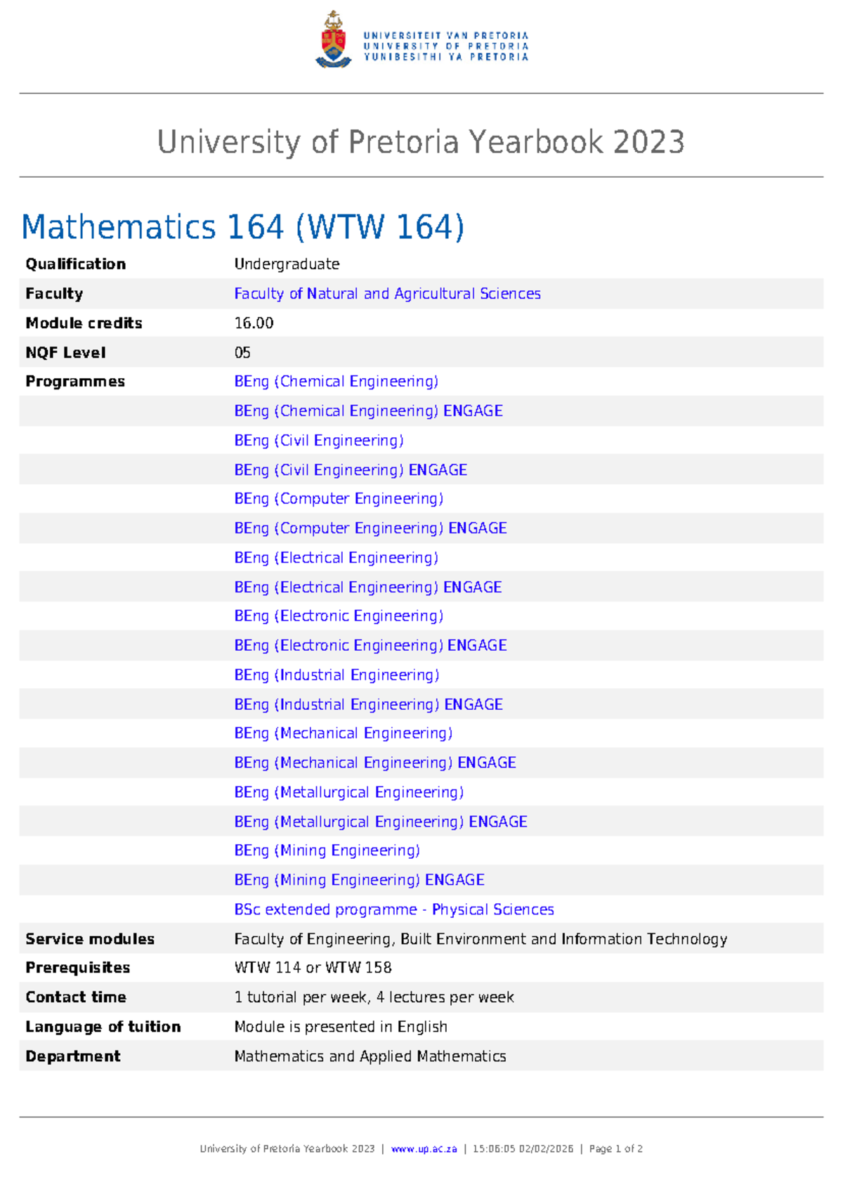 Module Overview for WTW 164: Mathematics 164 - Yearbook 2023 - Studocu