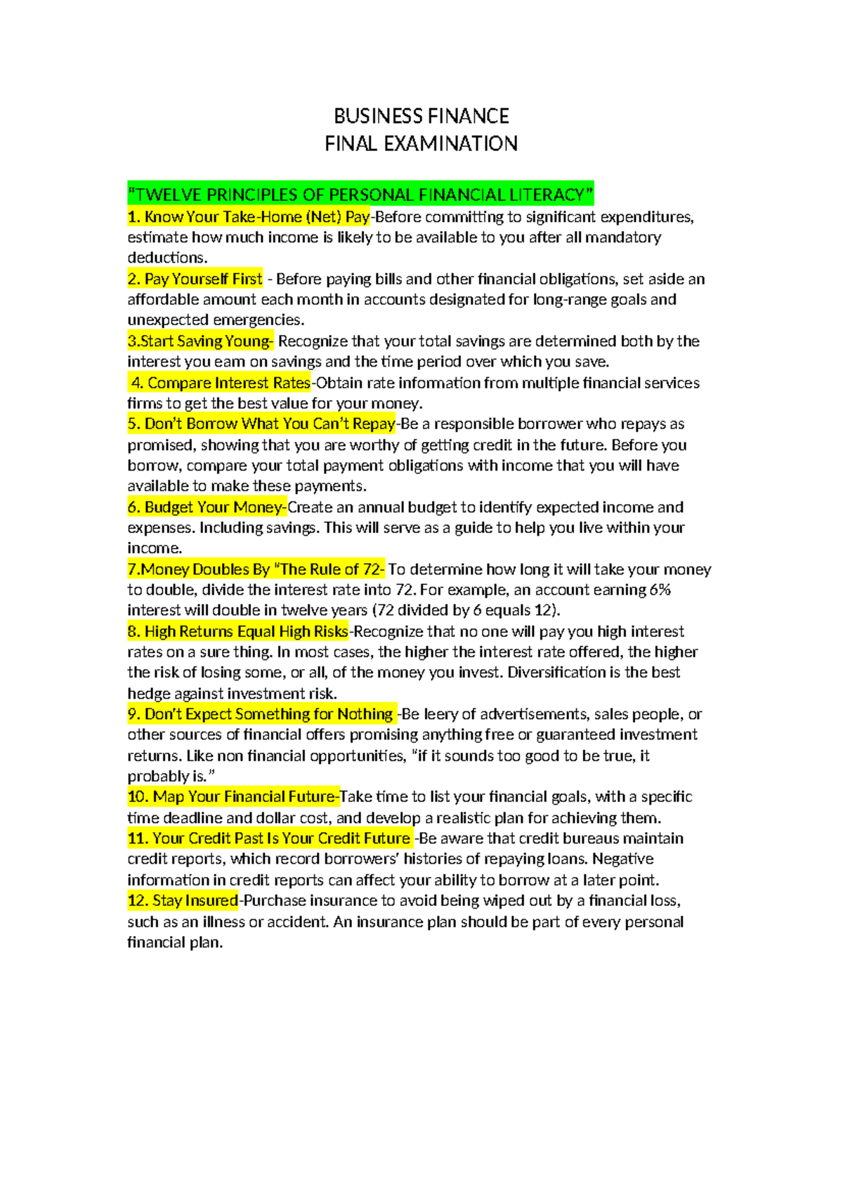 BUSINESS FINANCE FINAL EXAM REVIEW: PERSONAL FINANCIAL PRINCIPLES - Studocu