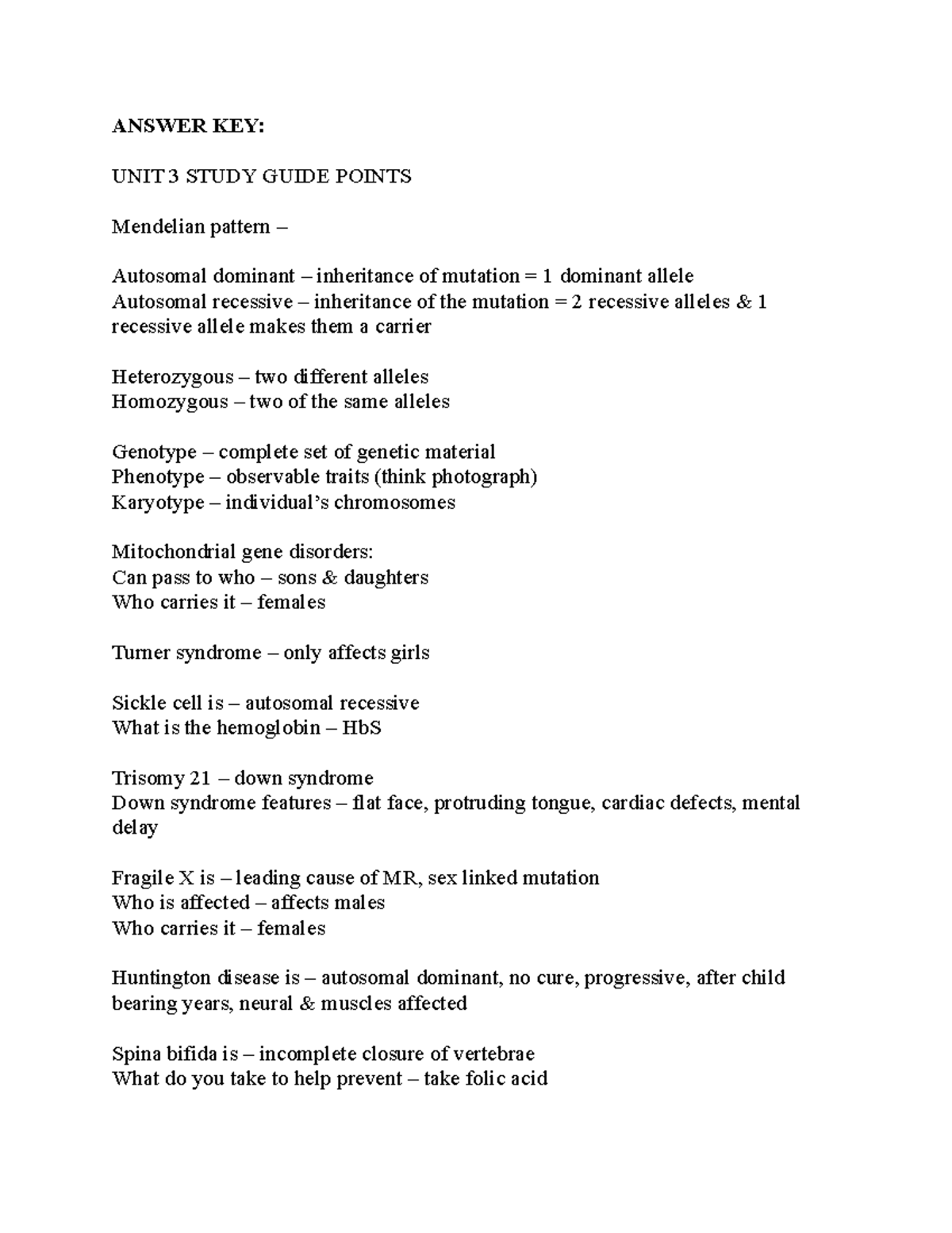 UNIT 3 Answer key - ANSWER KEY: UNIT 3 STUDY GUIDE POINTS Mendelian ...
