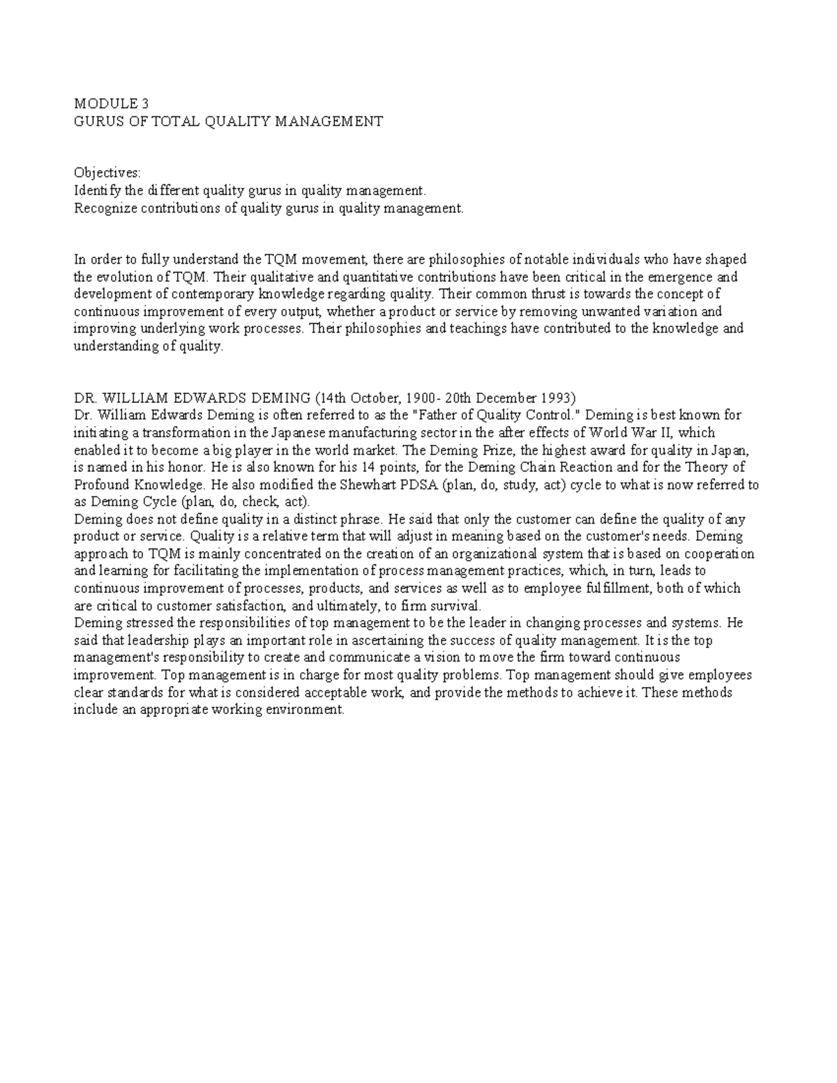 TQM Module 3 - Lecture on Quality Gurus and Their Contributions - Studocu