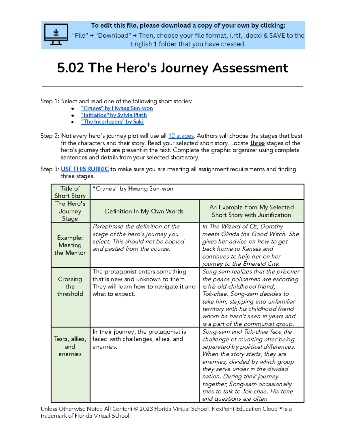 5.02 - Hero's Journey Assessment: Analyzing Short Stories - Studocu