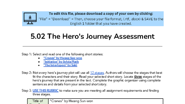 5.02 - Hero's Journey Assessment: Analyzing Short Stories - Studocu