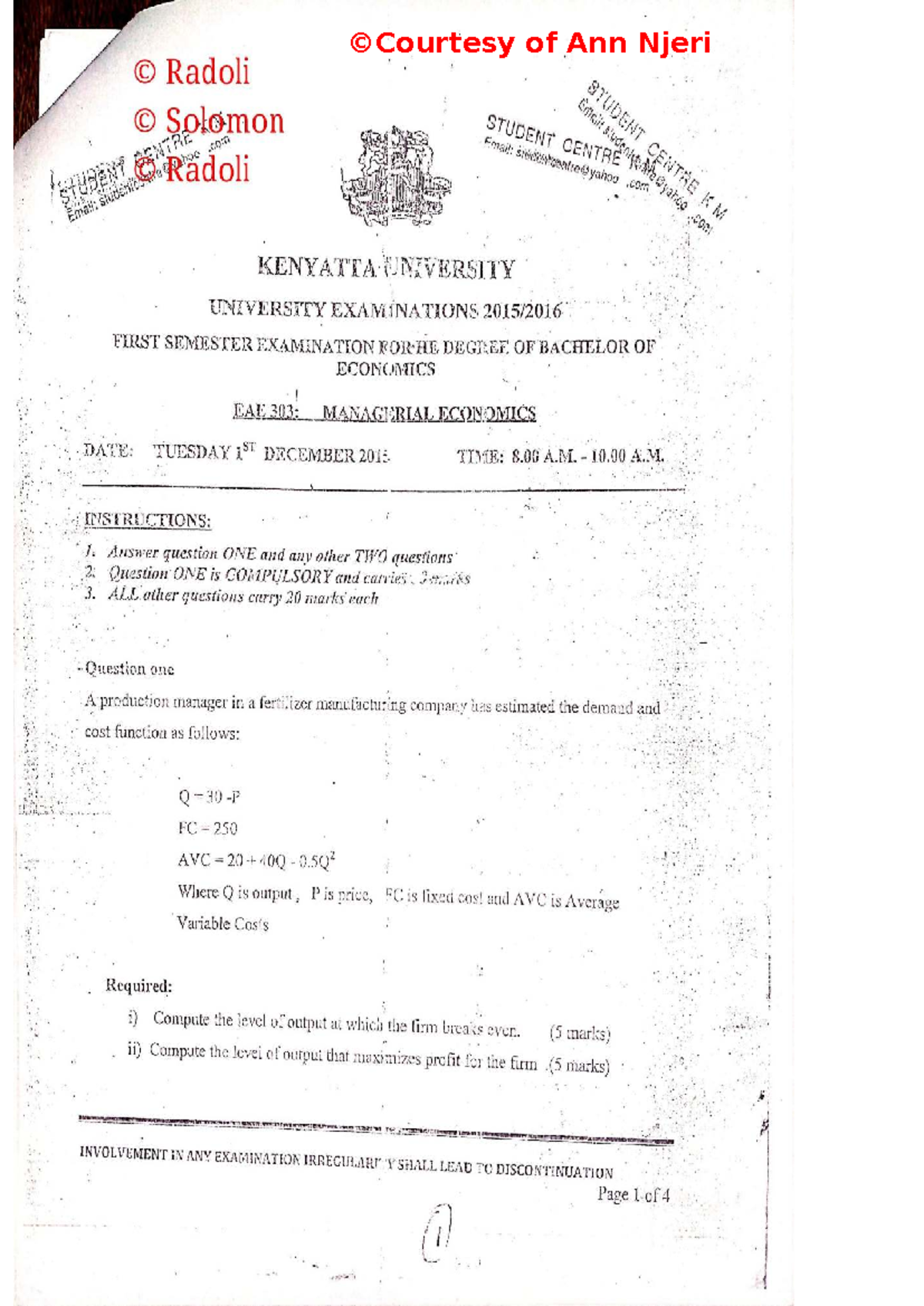 EAE 303: Managerial Economics Past Exam Papers and Solutions - Studocu