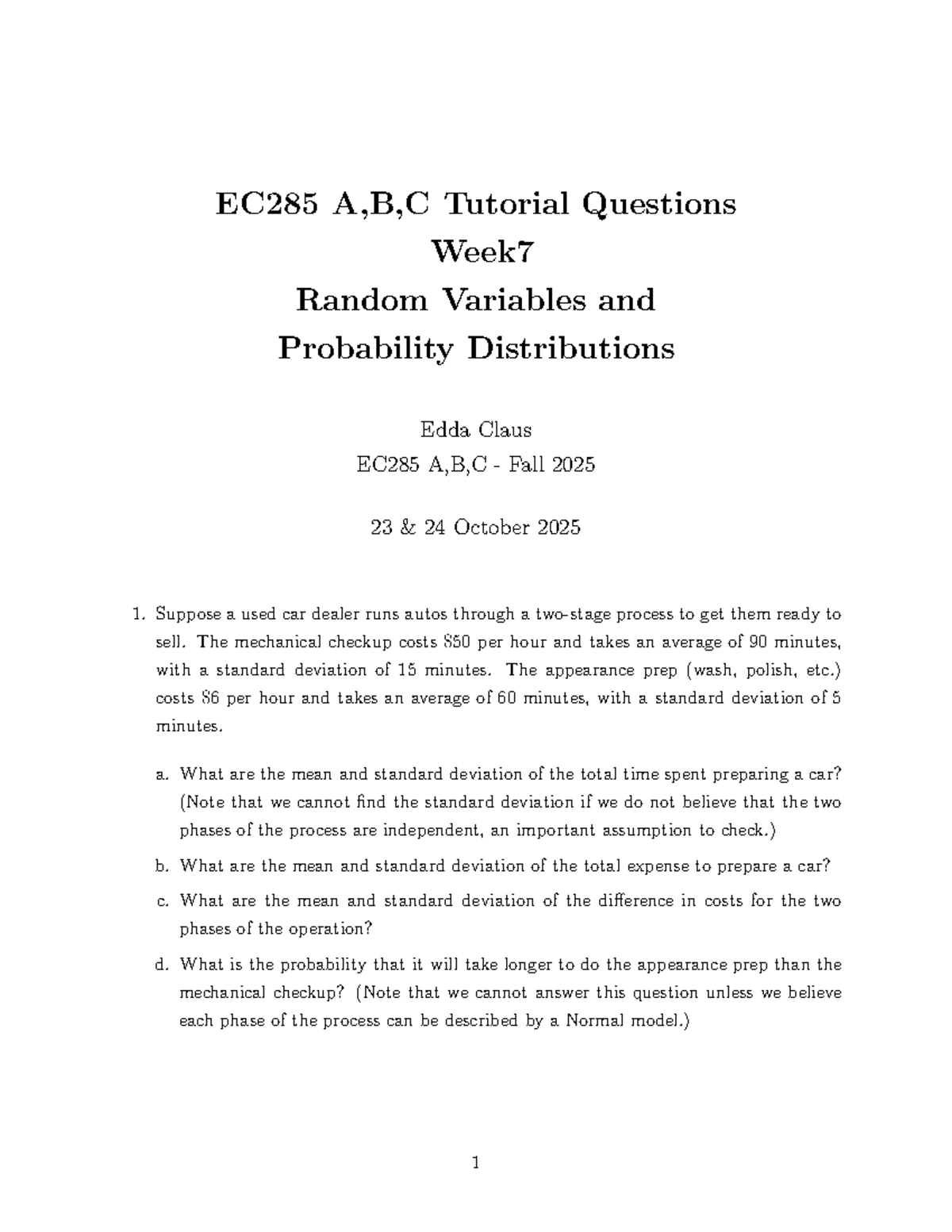 EC285 A,B,C Week 7 Tutorial: Random Variables & Probabilities - Studocu