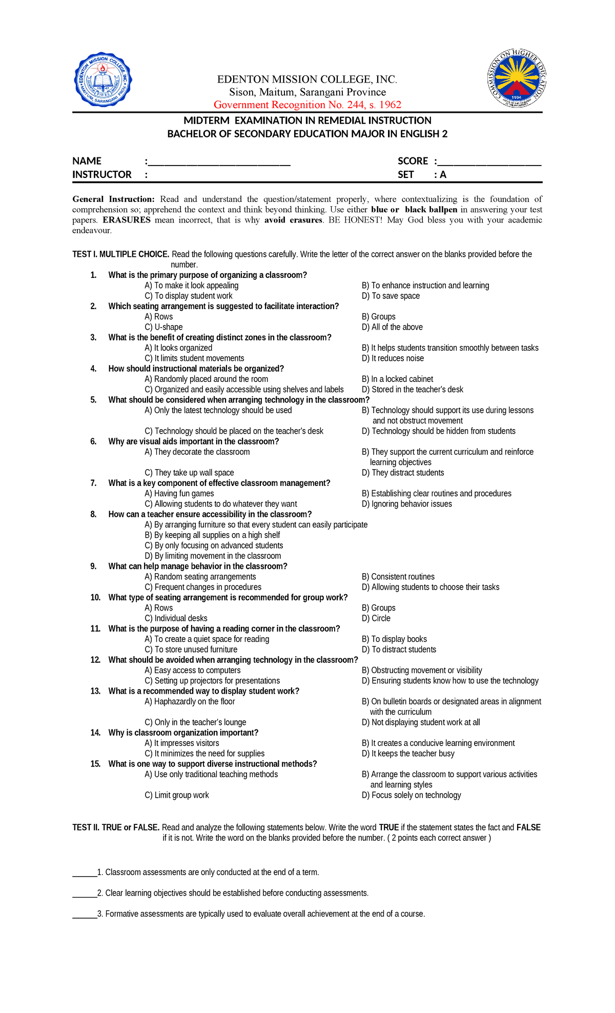 Midterm - CE 101 - examination - EDENTON MISSION COLLEGE, INC. Sison ...