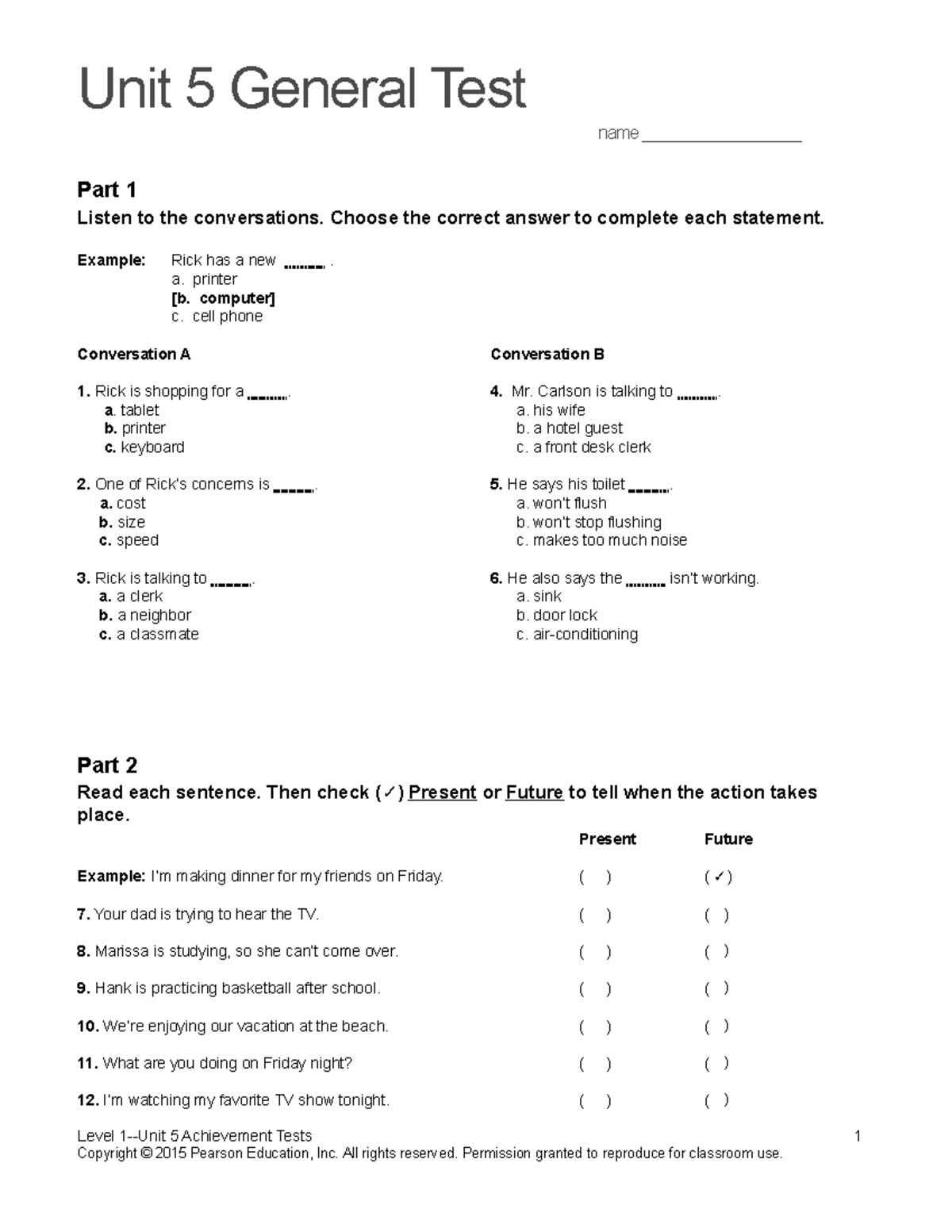Top Notch 1 Unit 5 Assessment - Unit 5 General Test name ...
