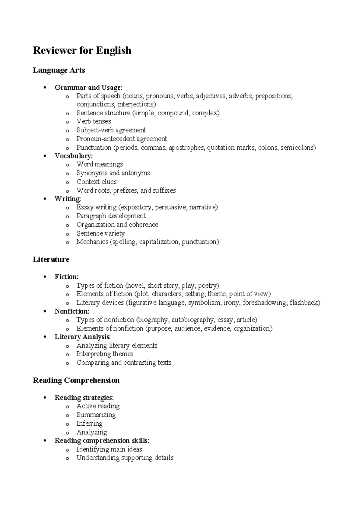 English Review Guide: Grammar, Writing & Literature Overview - Studocu