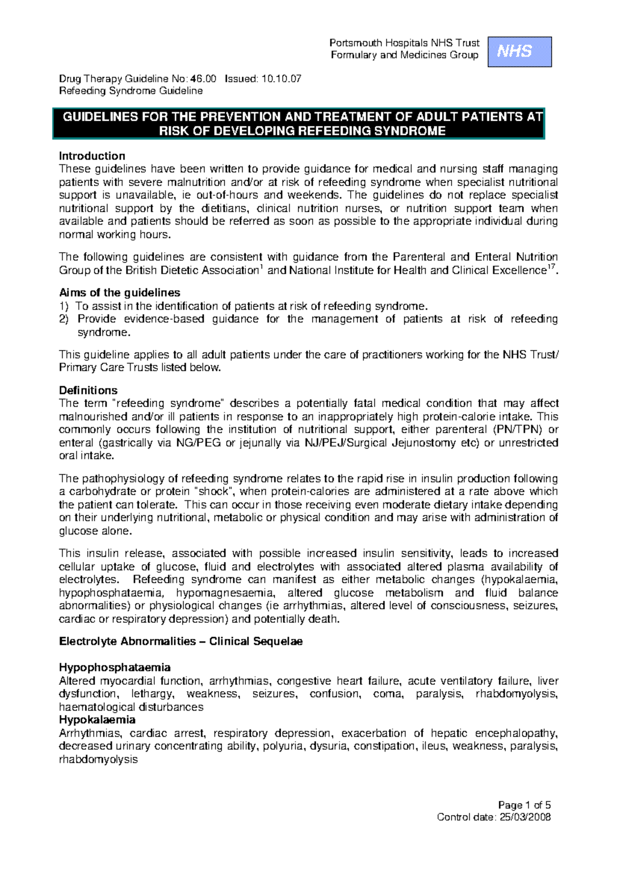 Guideline for Management of Refeeding Syndrome (Drug Therapy Guideline ...