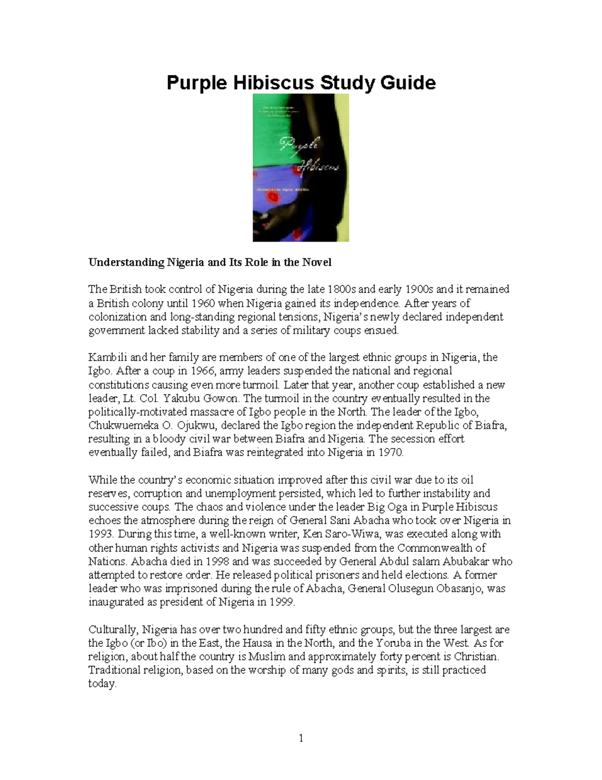 Purple Hibiscus Study Guide and Discussion Questions (ENG 101) - Studocu