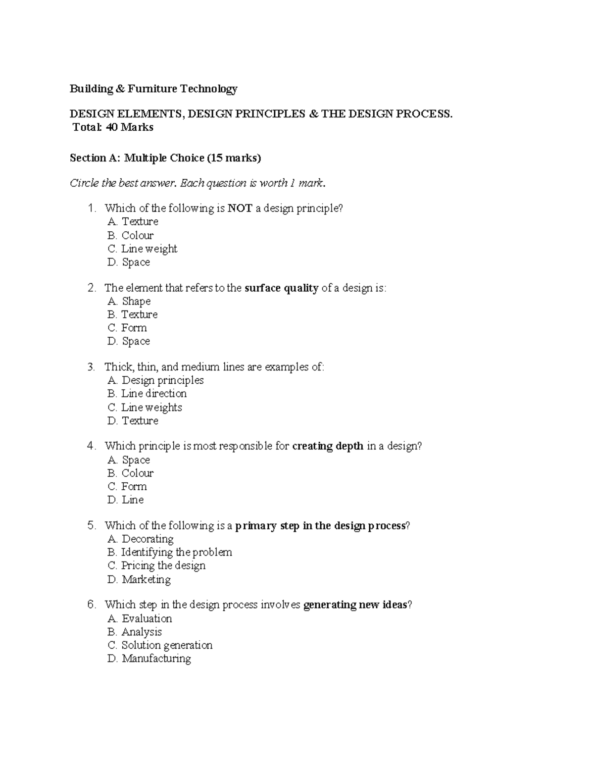 Grade 9 Building & Furniture Tech Test & Answer Key - Oct 2025 - Studocu
