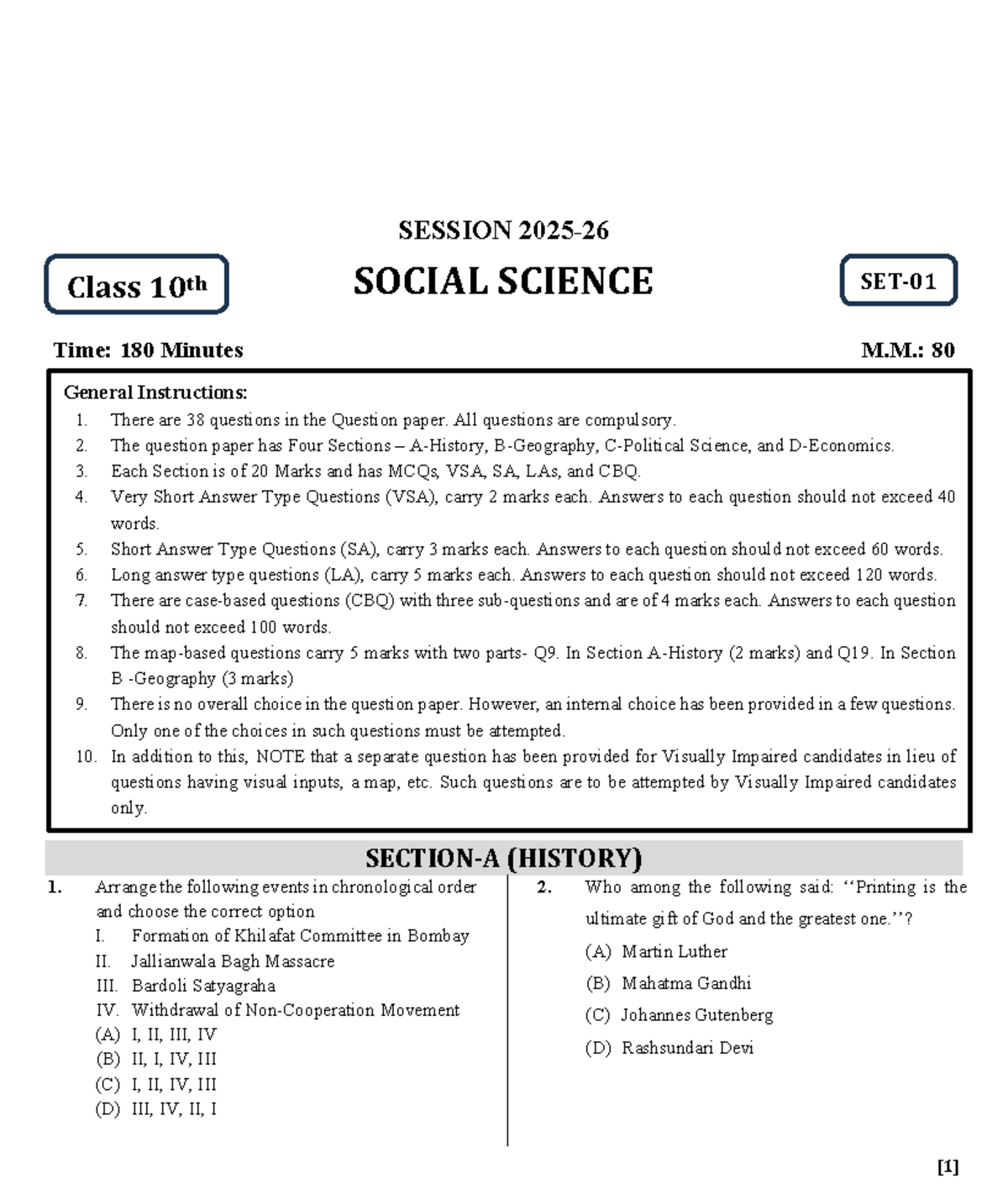 Class 10th Social Science Sample Question Paper Set 1 - Studocu