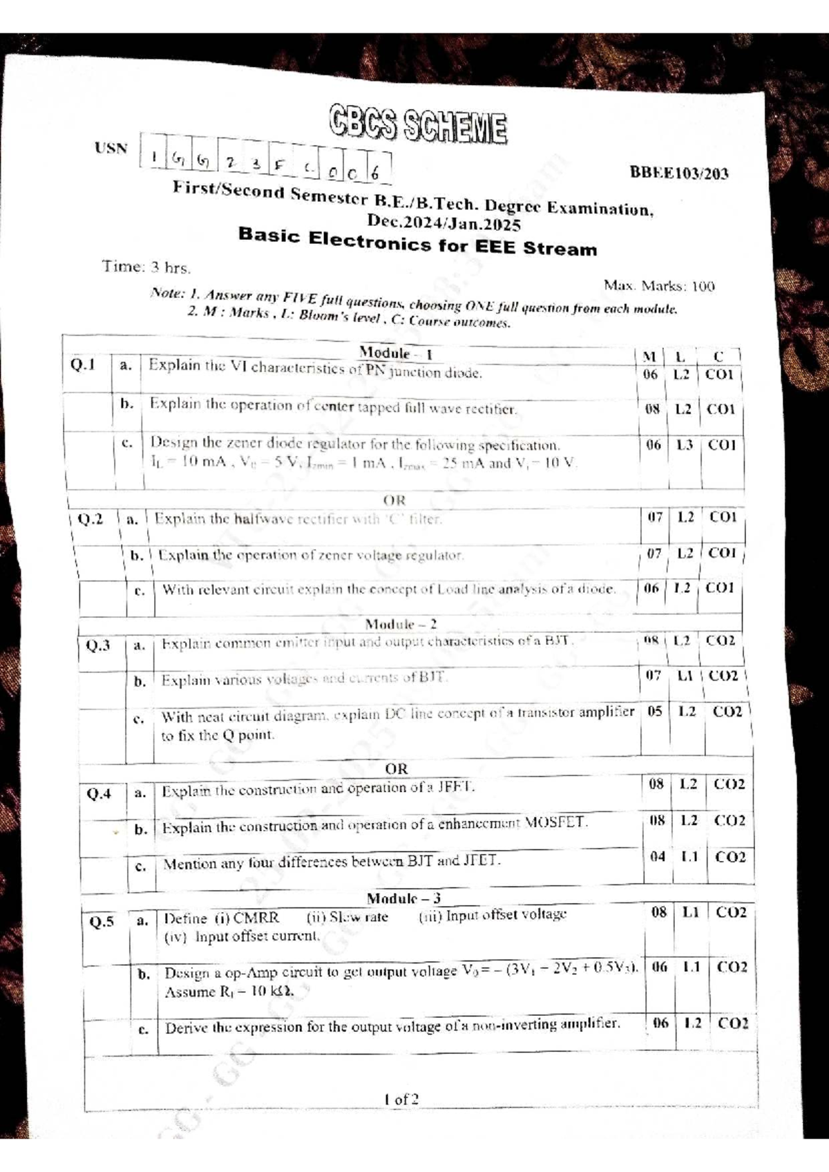 CBCS SCHEME IGG23EC006 Basic Electronics Exam Paper - Studocu