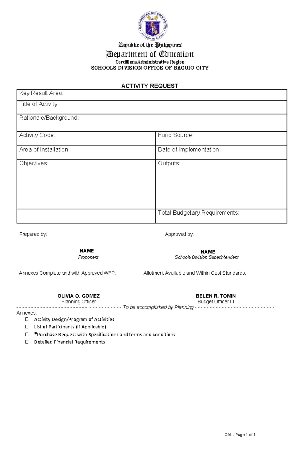 Activity Request Form 4 - Republic of the Philippines Department of ...