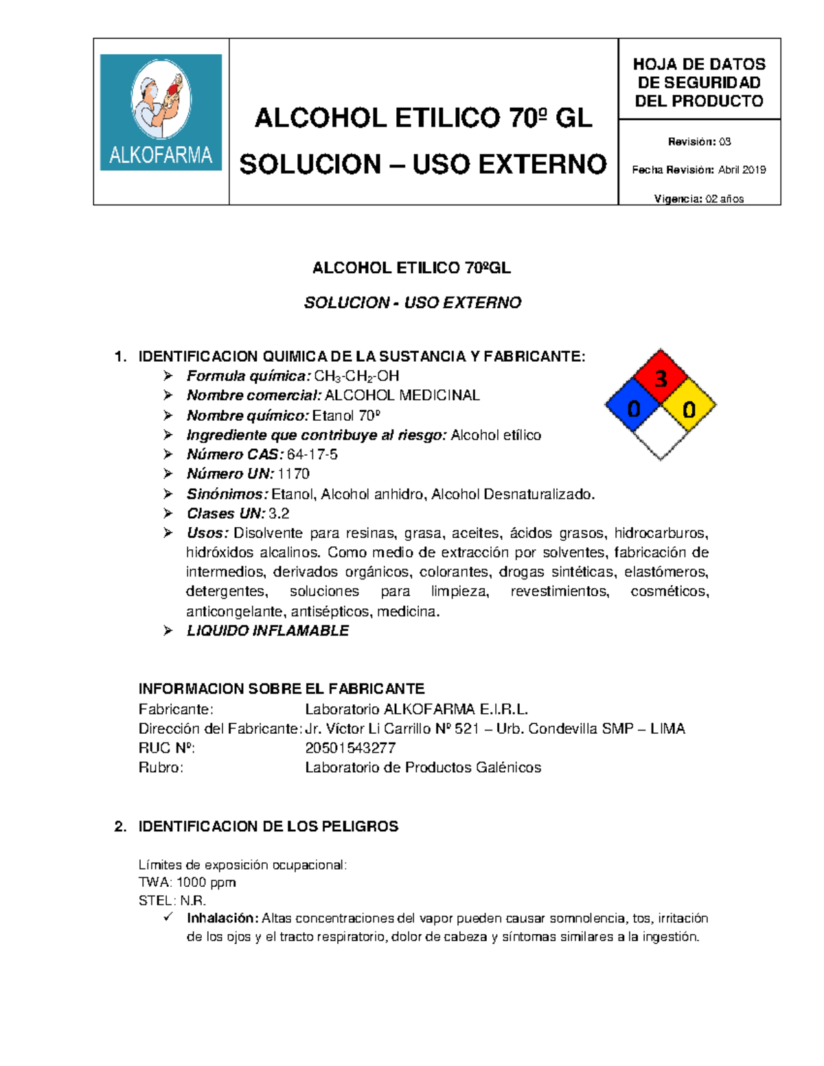 MSDS - Alcohol 70° GL - Seguridad y Manejo del Producto - Studocu