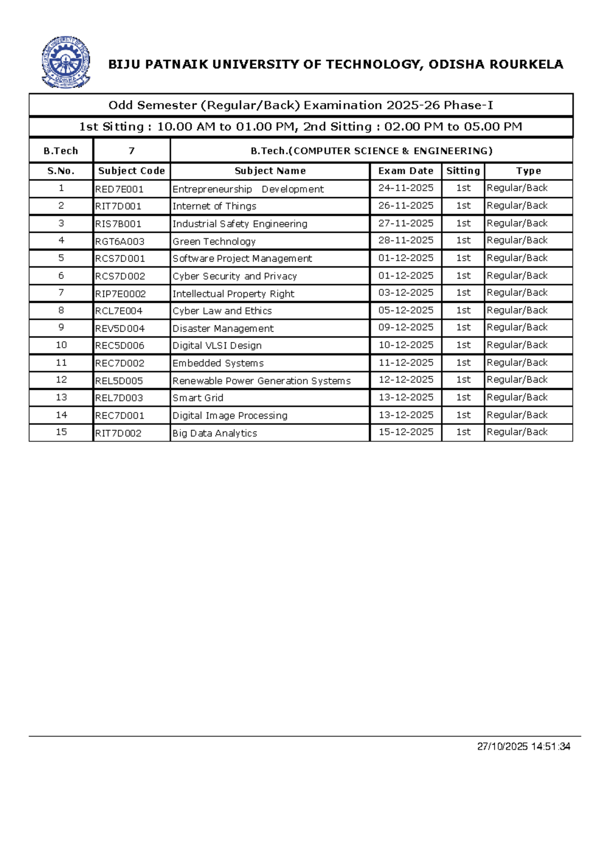 B.Tech CSE Odd Sem Exam Schedule - 1st Sitting (10 AM - 1 PM) - Studocu
