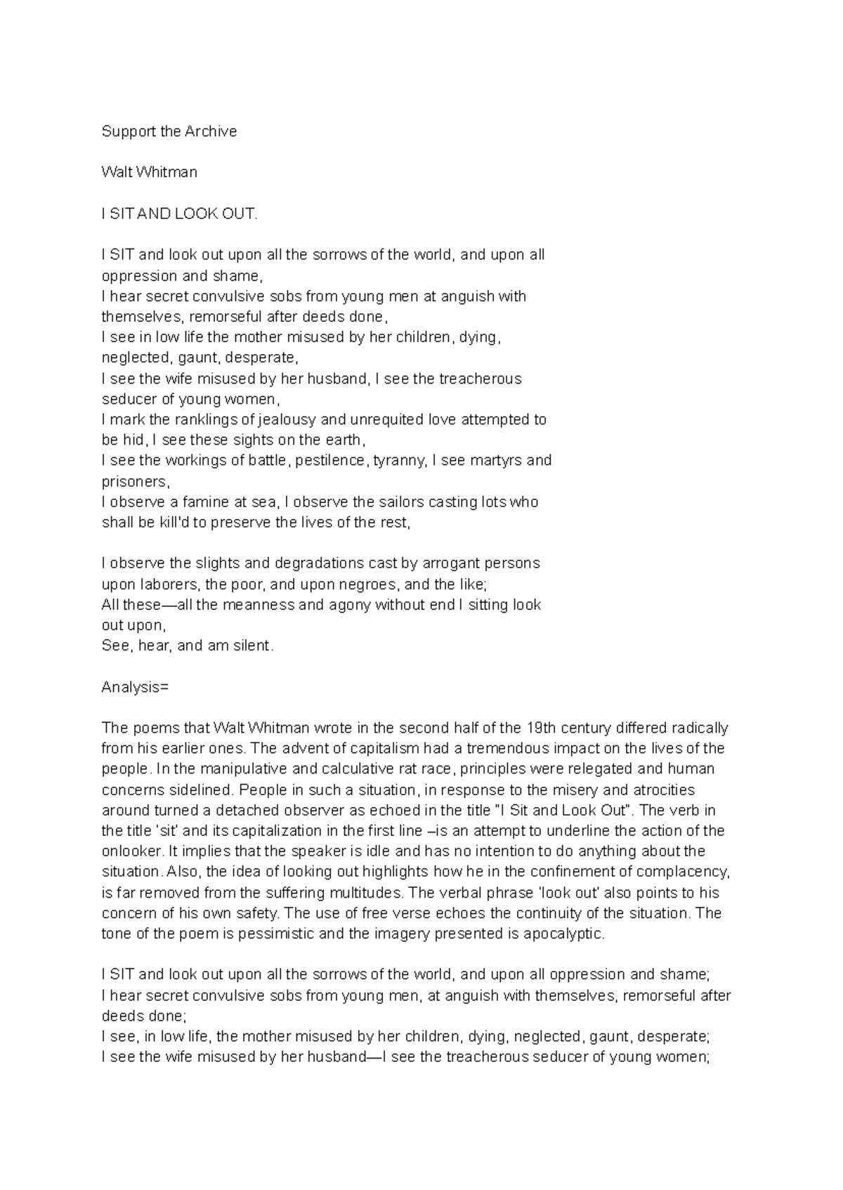 I SIT AND LOOK OUT: Analyzing Walt Whitman's Poetic Vision - Studocu