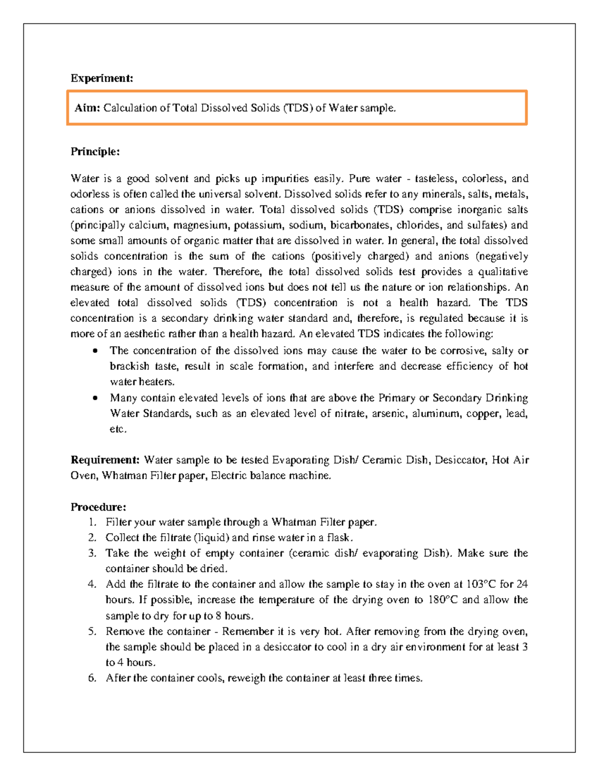 Environmental Science Lab: TDS & COD Analysis Experiment Report - Studocu