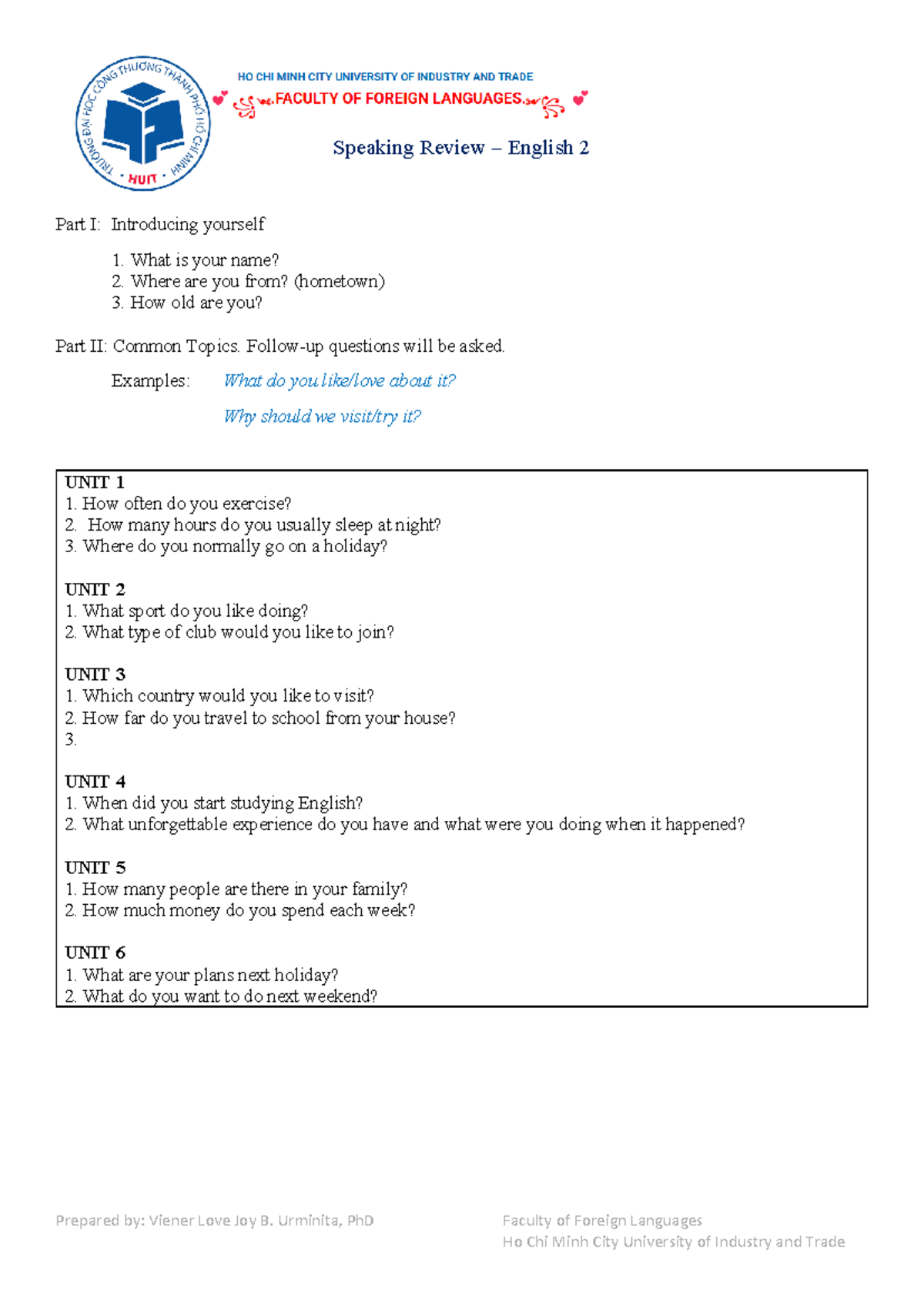 Speaking Review English 2: Self-Introduction & Common Topics - Studocu