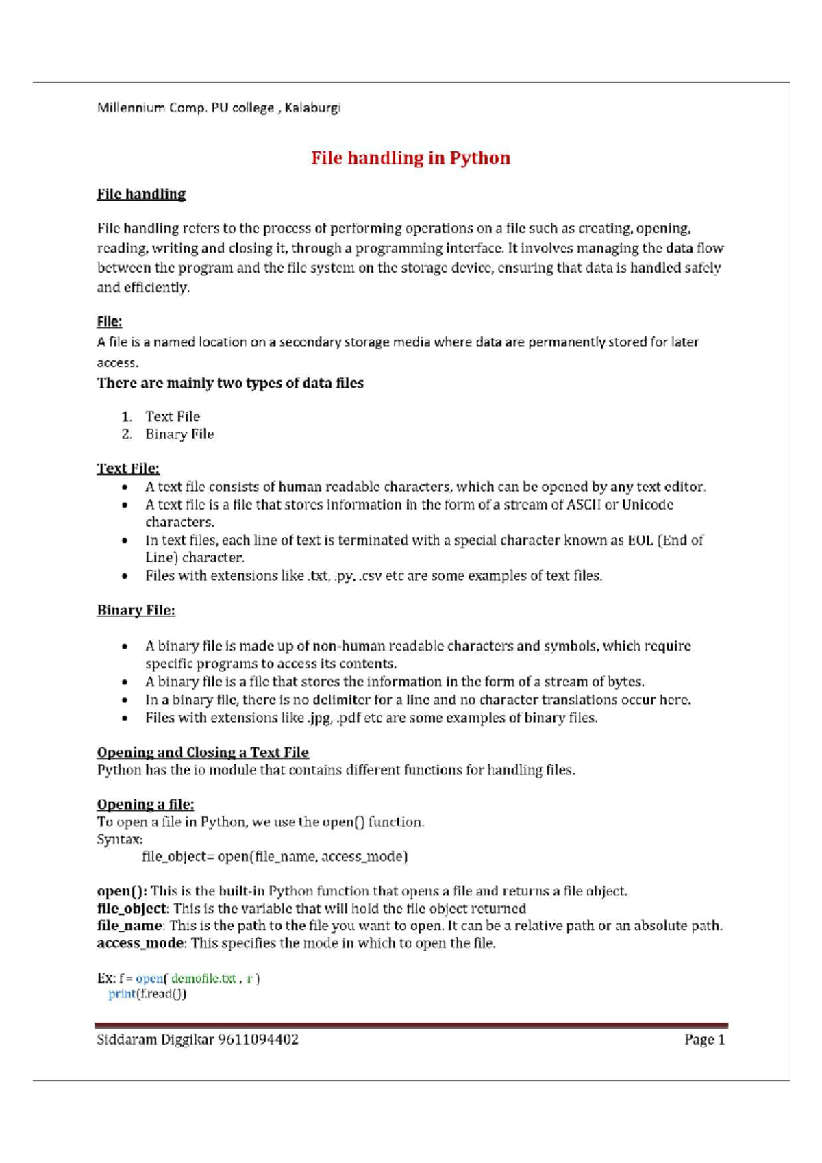 CH2 File Handling in Python Notes (Millennium Comp. PU College) - Studocu