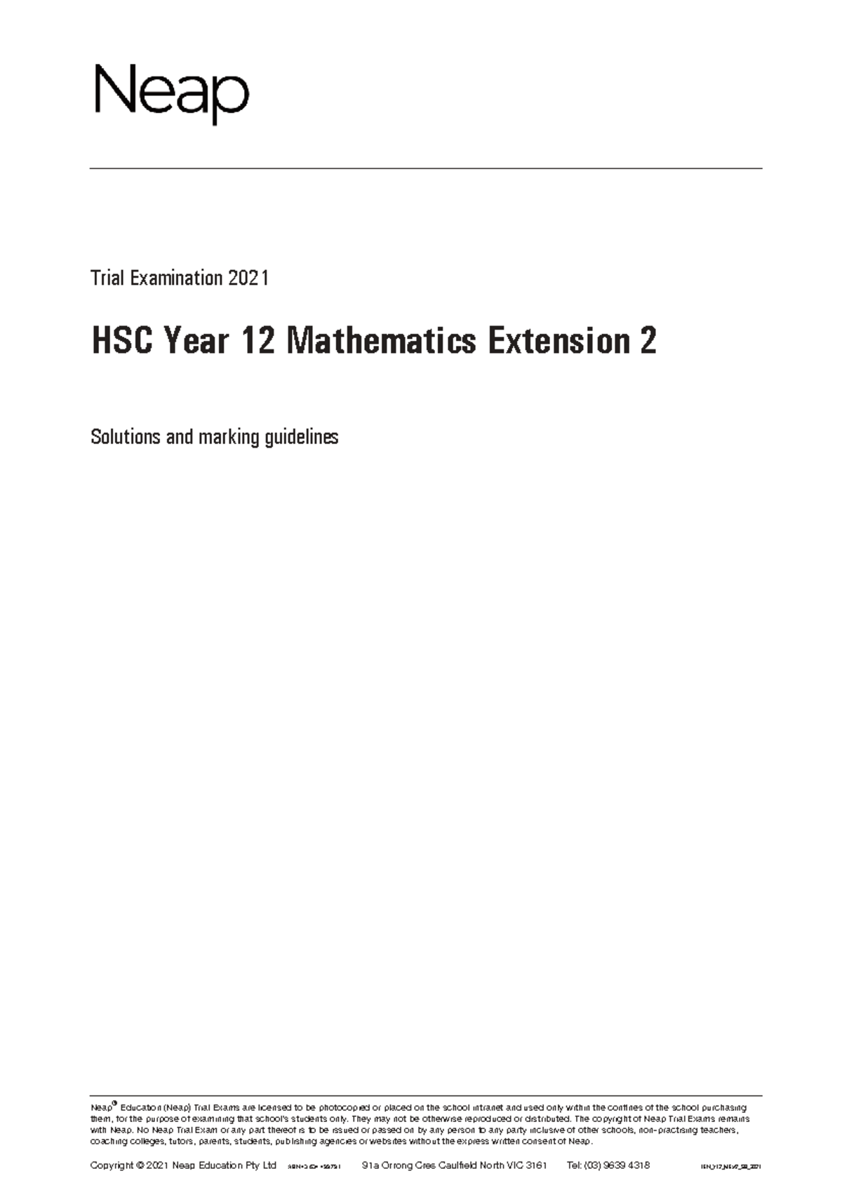 HSC Year 12 Mathematics Extension 2 Trial Exam 2021 Solutions ...