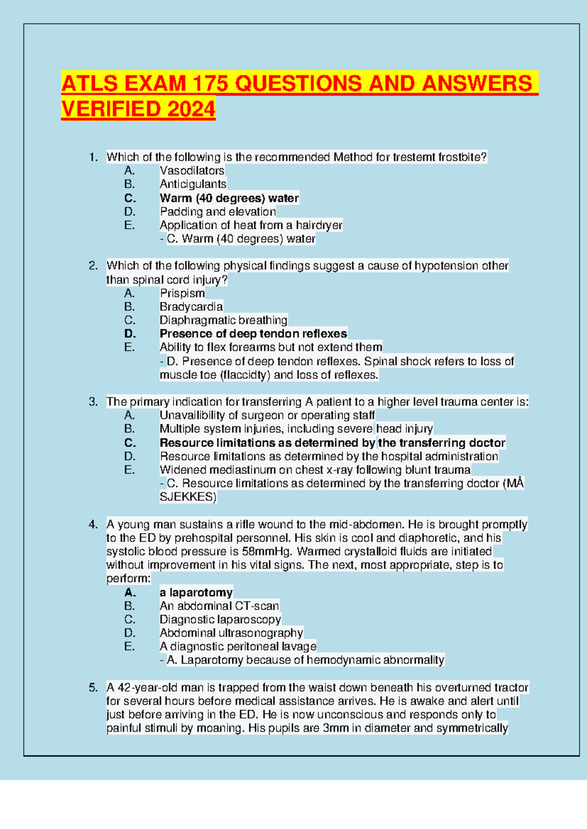 ATLS EXAM 2024: 175 VERIFIED QUESTIONS & ANSWERS - Studocu