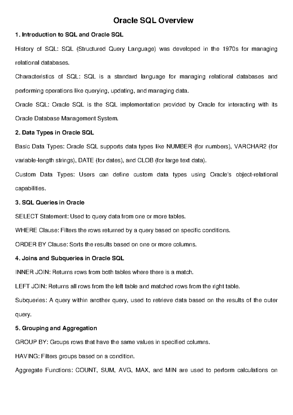 Oracle SQL Overview Notes - Oracle SQL Overview Introduction to SQL and ...