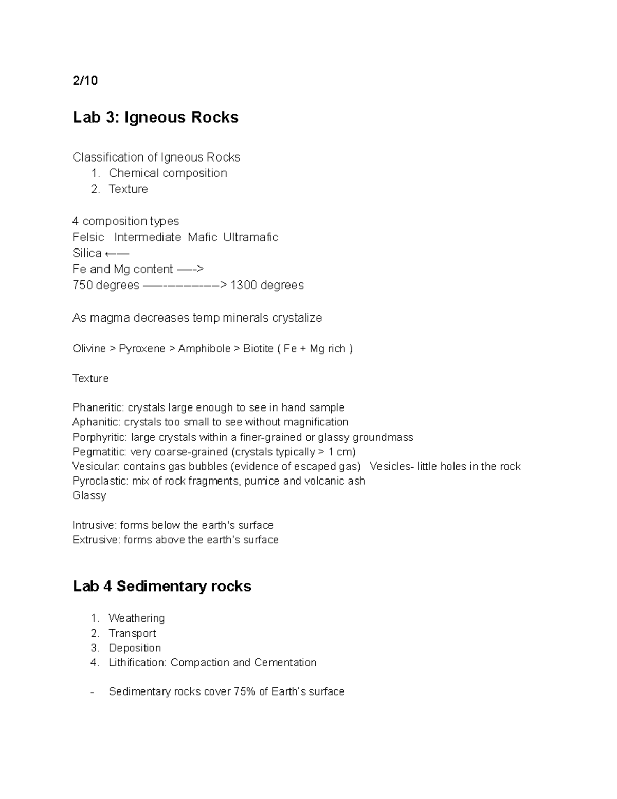 Exam 1 Lab Notes: Classification of Igneous, Sedimentary, and ...