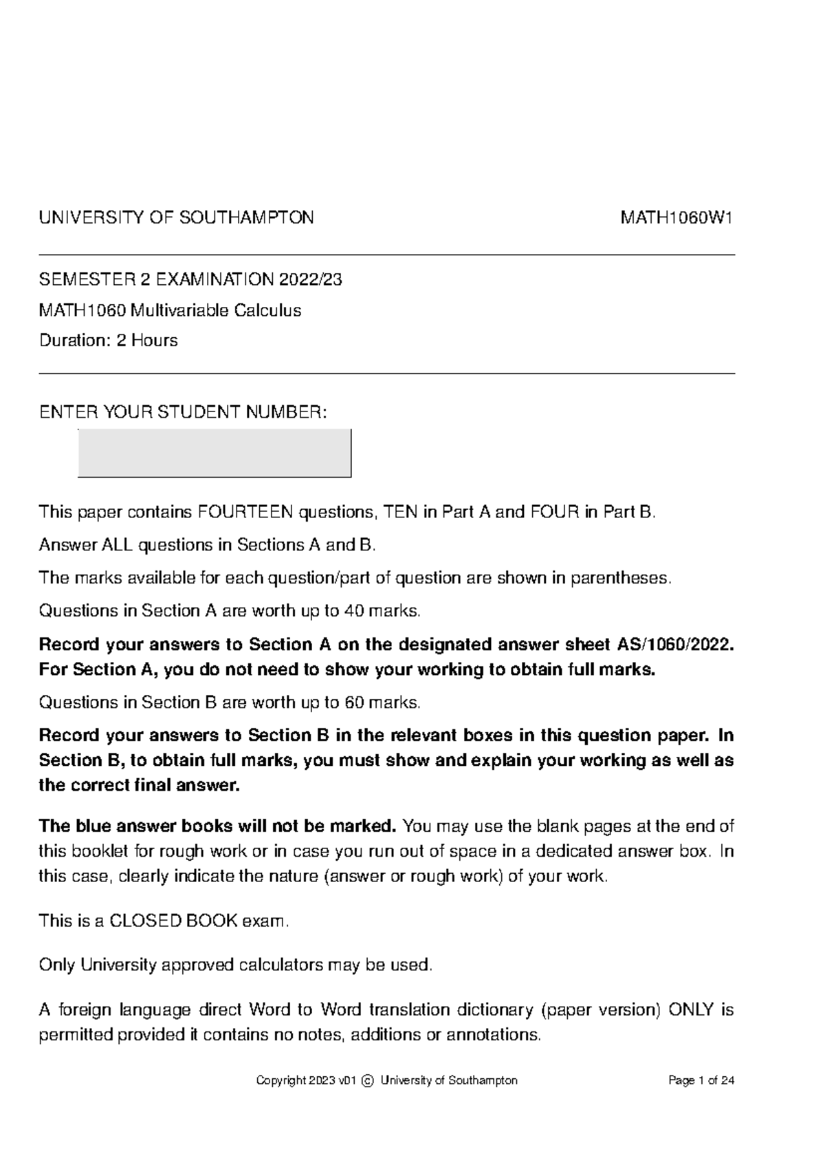 MATH1060W1 Multivariable Calculus Semester 2 Past Exam Paper 2023 - Studocu