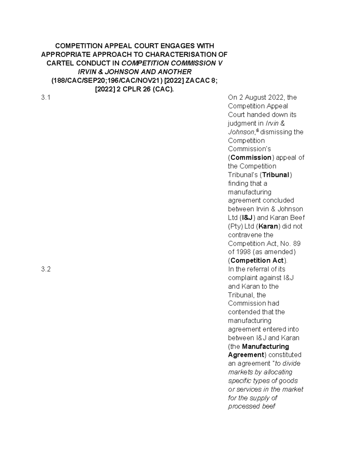 Competition Appeal Court Ruling on Characterisation in Irvin & Johnson ...