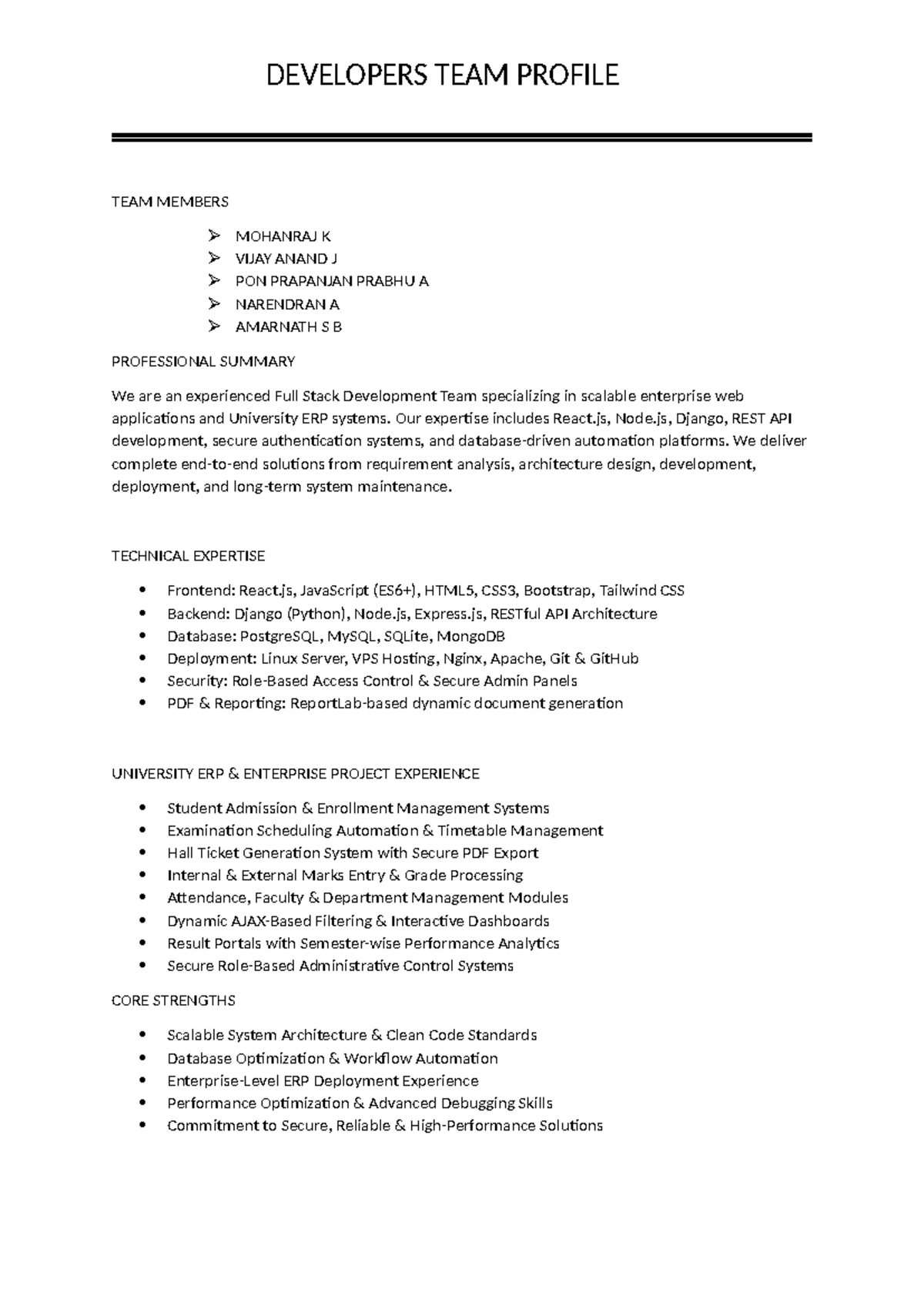 Developers Team Profile: Full Stack Expertise & ERP Solutions - Studocu