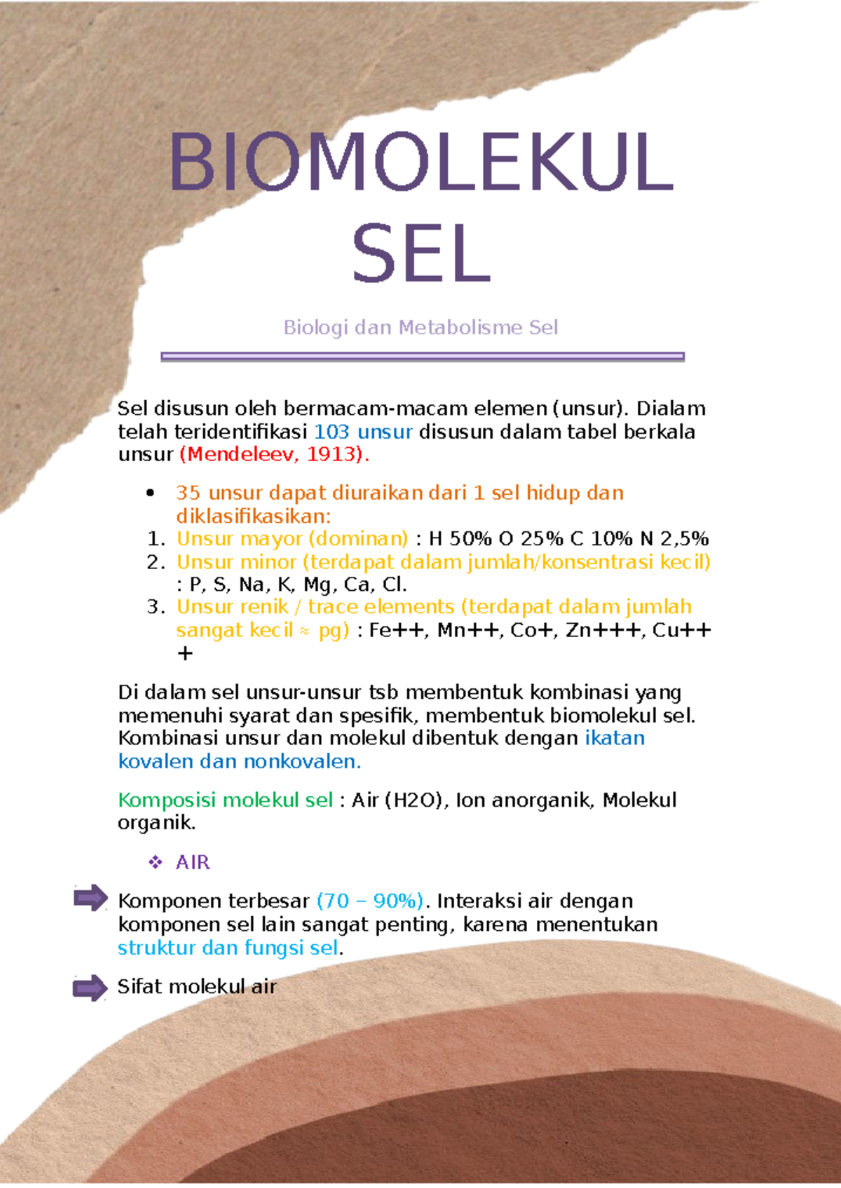 Rangkuman Biomolekul Sel: Struktur, Fungsi, dan Metabolisme Sel - Studocu