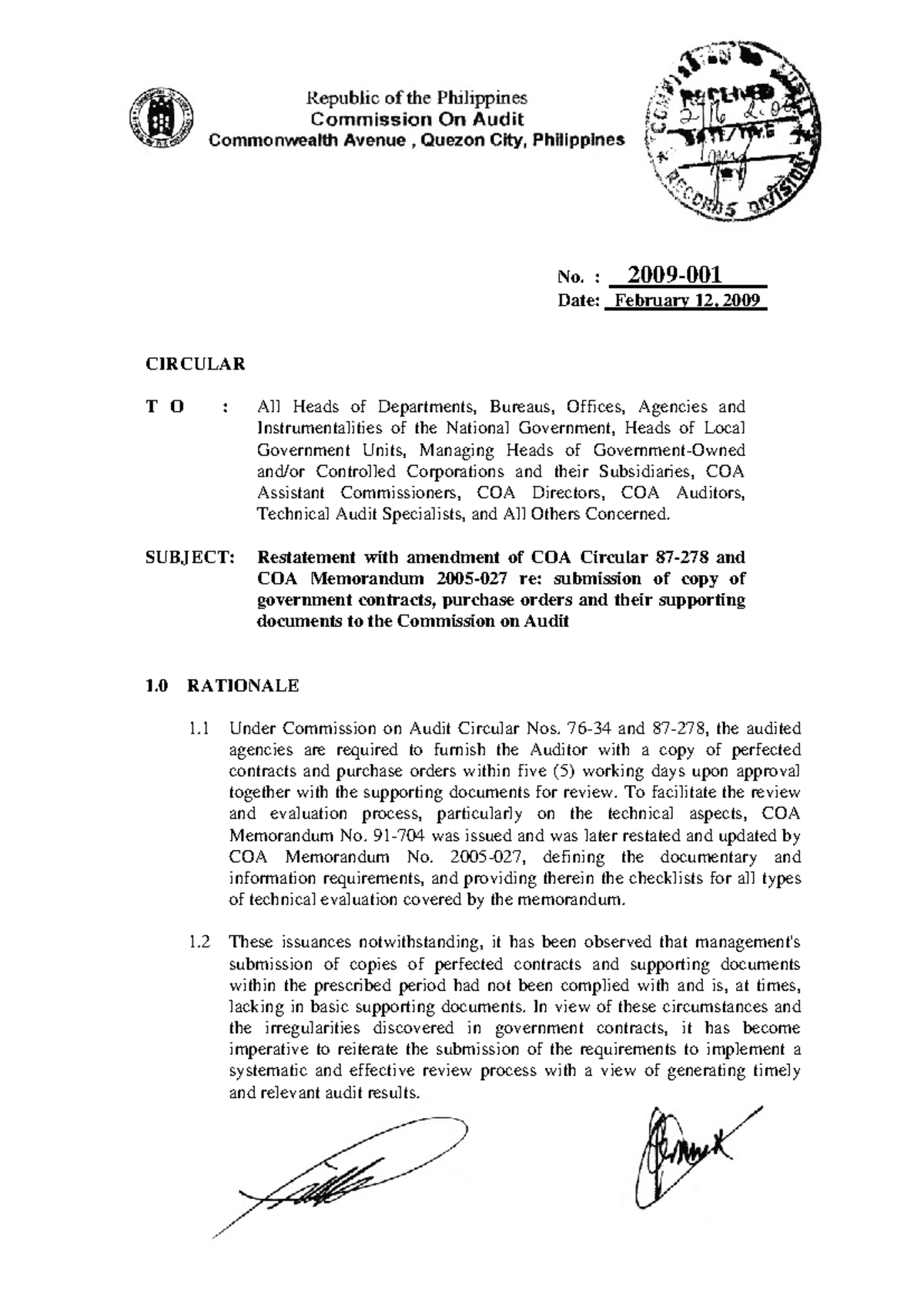 COA Circular No. 2009-001: Guidelines on Gov't Contracts Submission ...