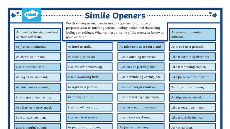 Simile Openers Word Mat for Creative Writing - Studocu