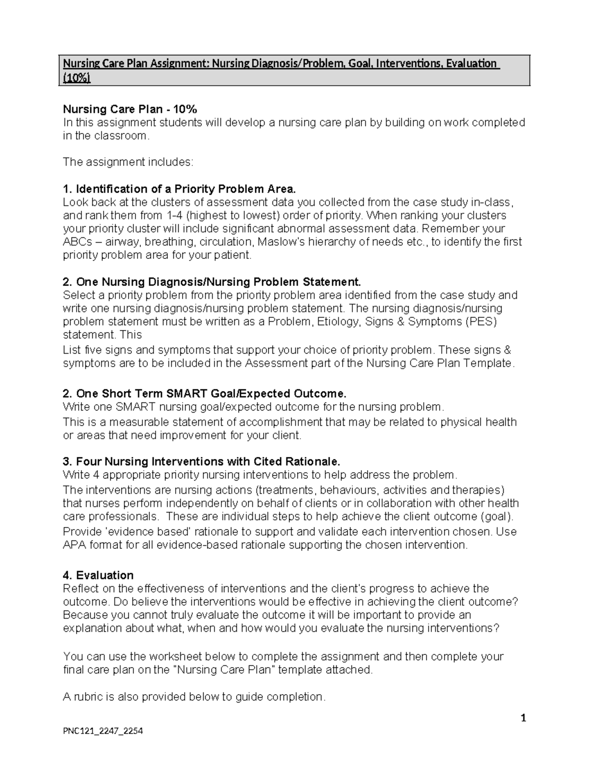 Nursing Care Plan Assignment Guide - PNC121 (Fall 2024) - Studocu