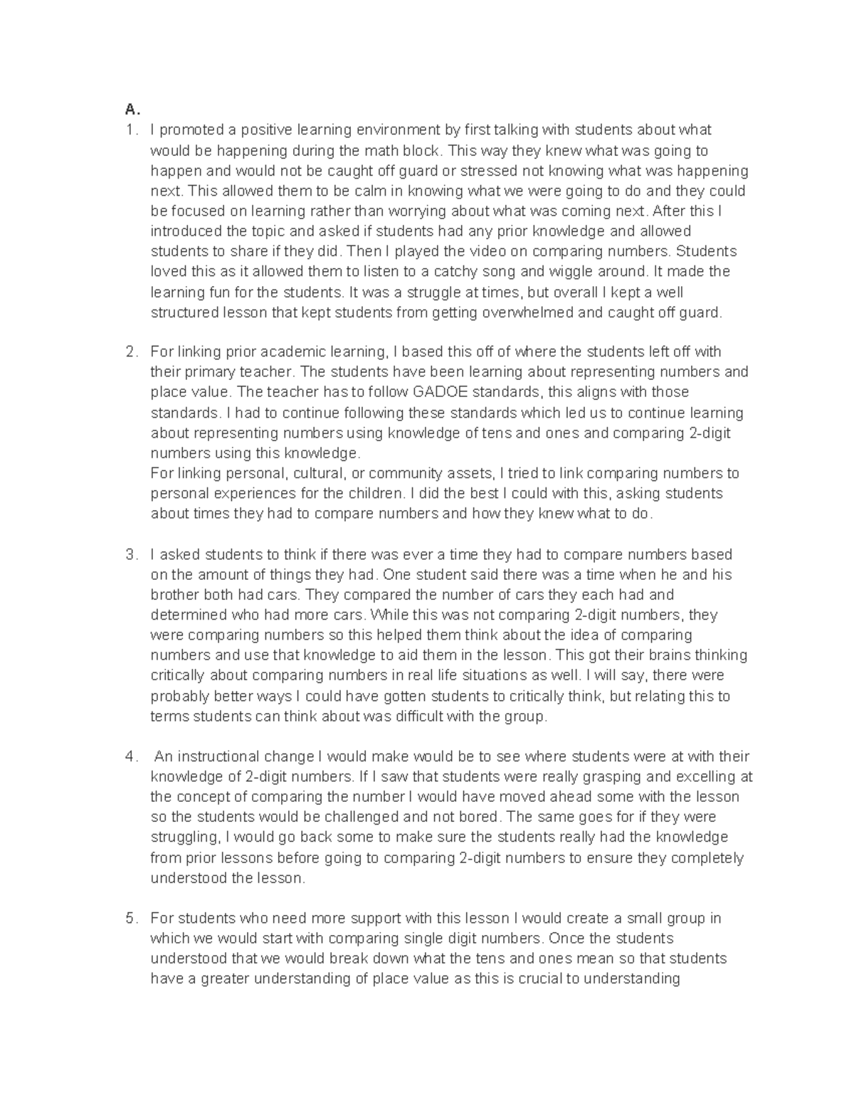 Pce task 2 - pce task 2 - A. I promoted a positive learning environment ...