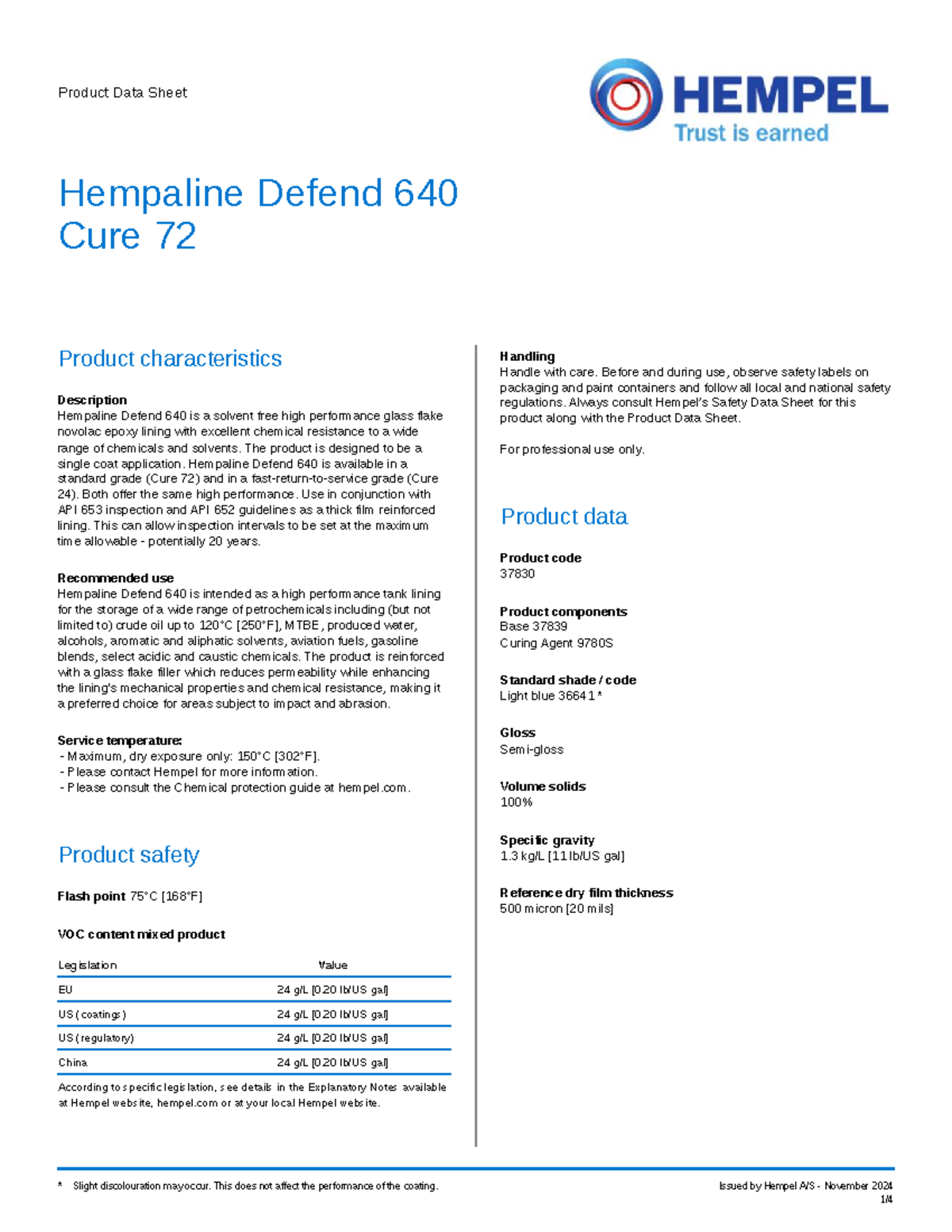 Product Data Sheet: Hempaline Defend 640 Cure 72 (PDS 37830) - Studocu