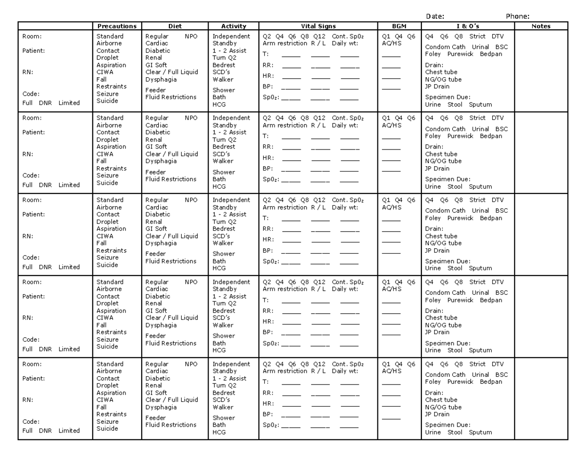 PCTReport: Patient Care Tracking Sheet for Vital Signs and Precautions ...