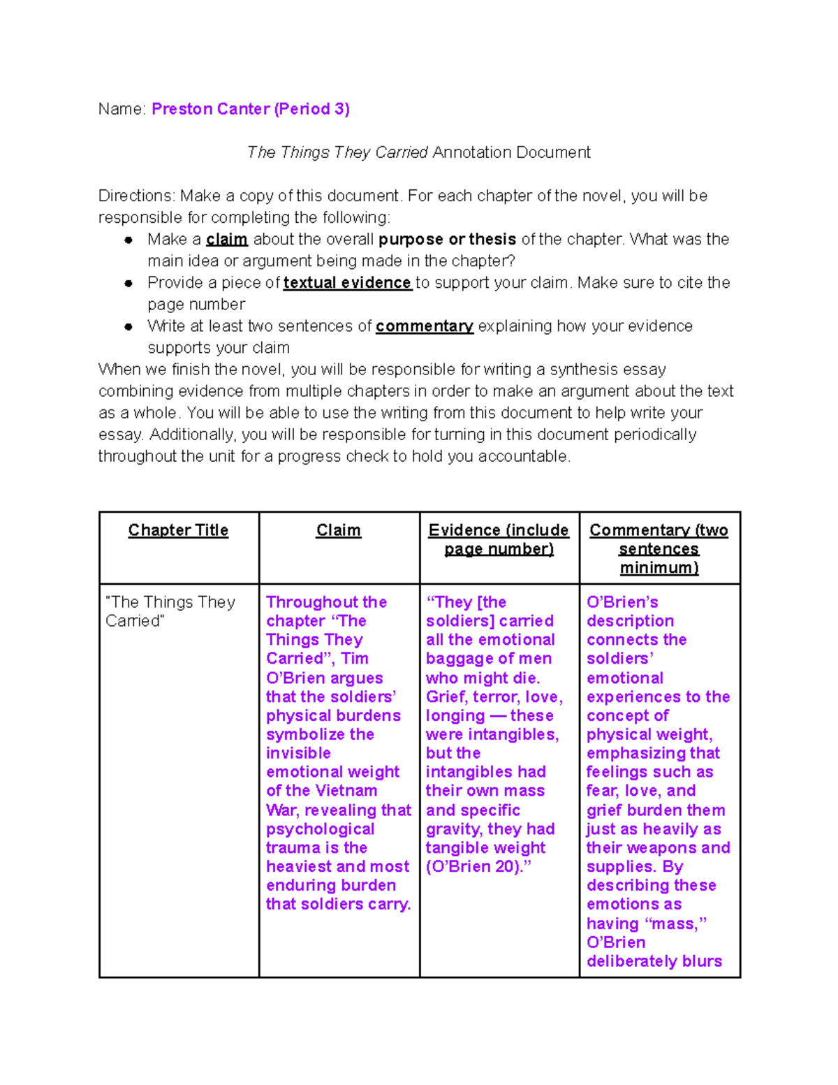 Preston Canter - AP Lang - The Things They Carried Annotation Document ...