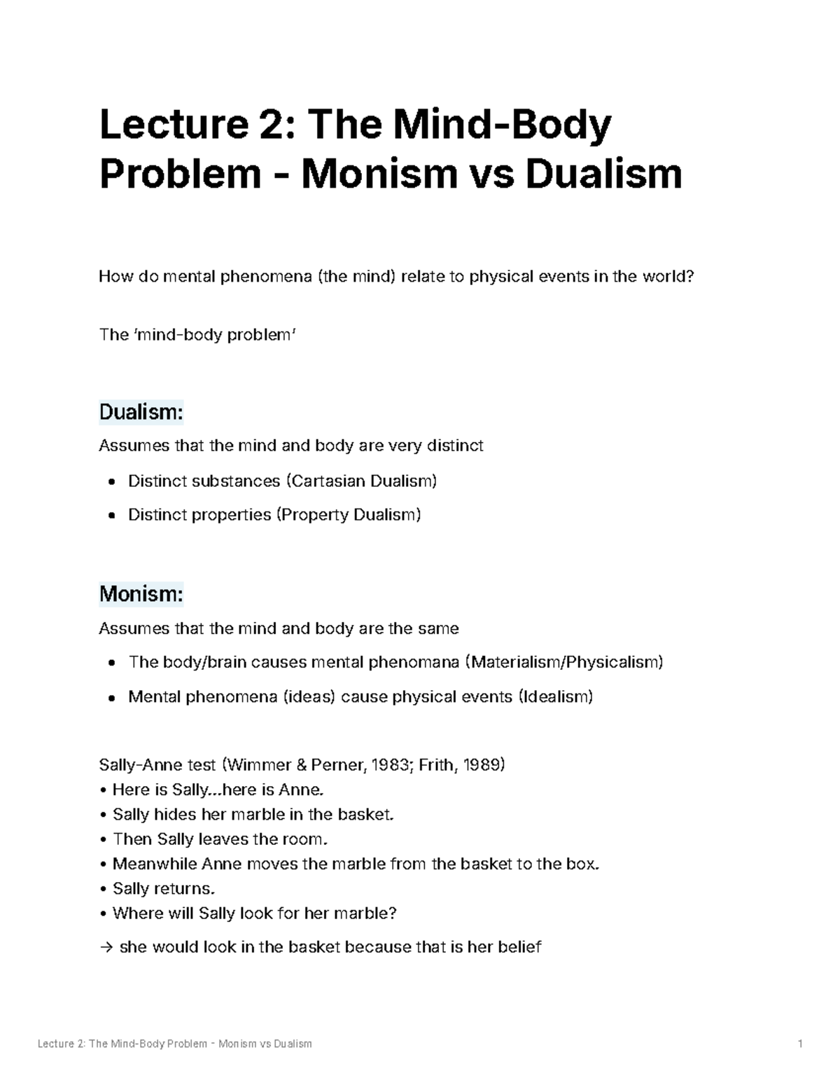 The Mind-Body problem - Dualism vs Monism - Lecture 2: The Mind-Body ...