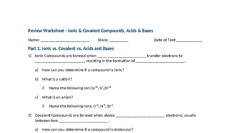 Ionic and Covalent Compounds Review Worksheet - Part 1 & 2 - Studocu