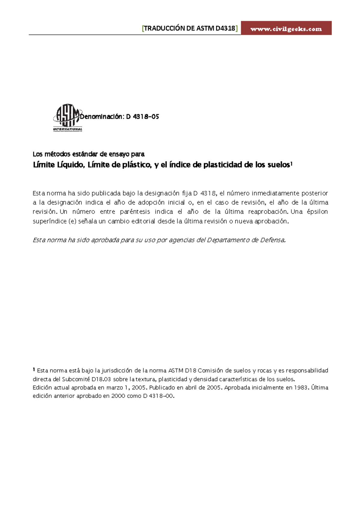 DE ASTM D4318: Métodos de Ensayo para Límites Líquido y Plástico de ...