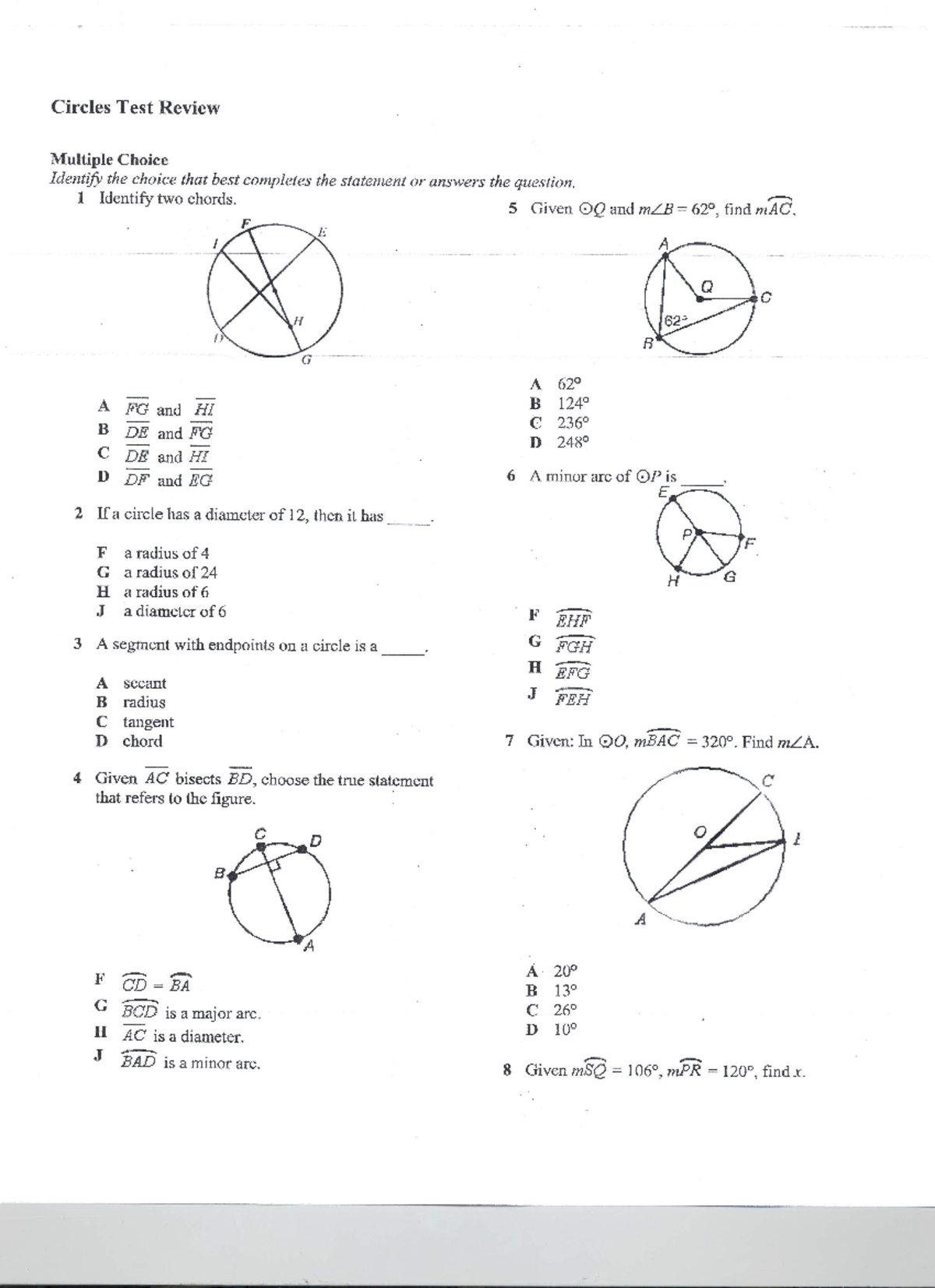 Chapter 10 Test Review and answers - Circles Test Review Multiple ...