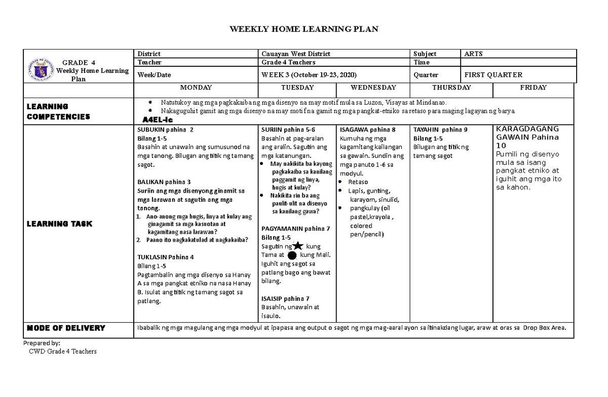 G4-Q1-WEEK 3- Weekly HOME PLAN - ARTS - WEEKLY HOME LEARNING PLAN GRADE ...