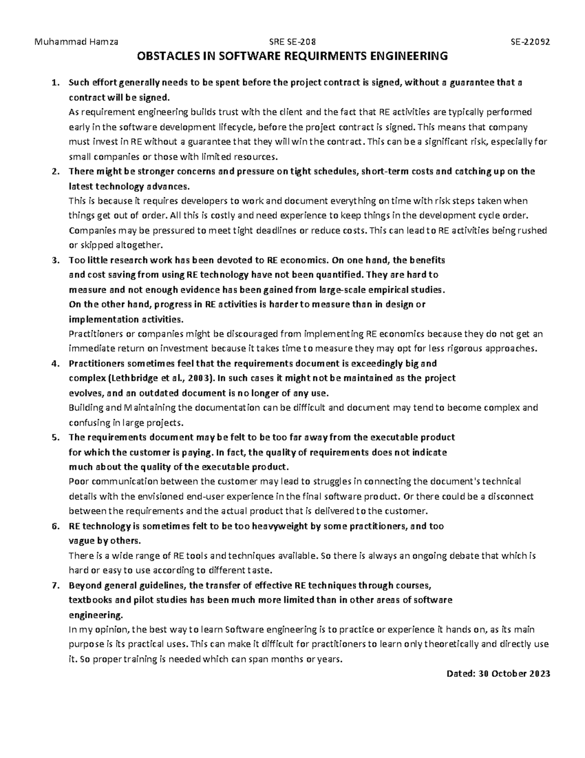 SRE092 - Major Obstacles in Software Requirements Engineering - Studocu