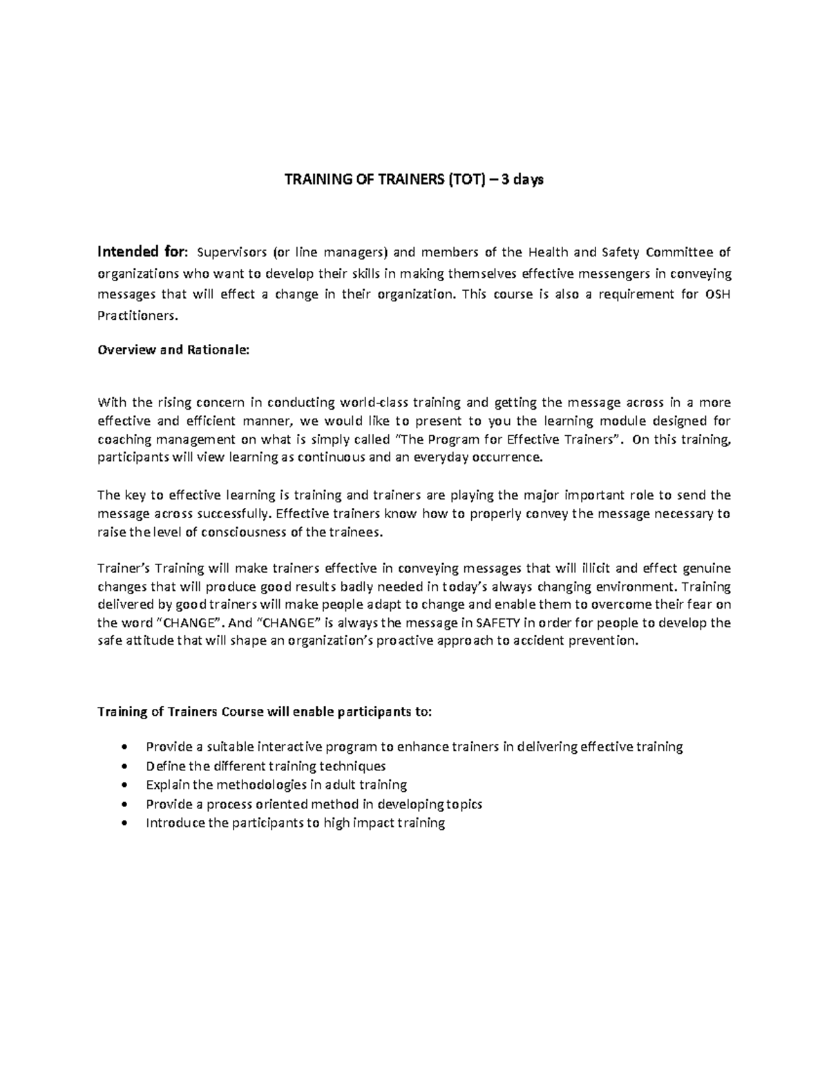 Training of Trainers Outline for OSH Practitioners - 3 Days - Studocu