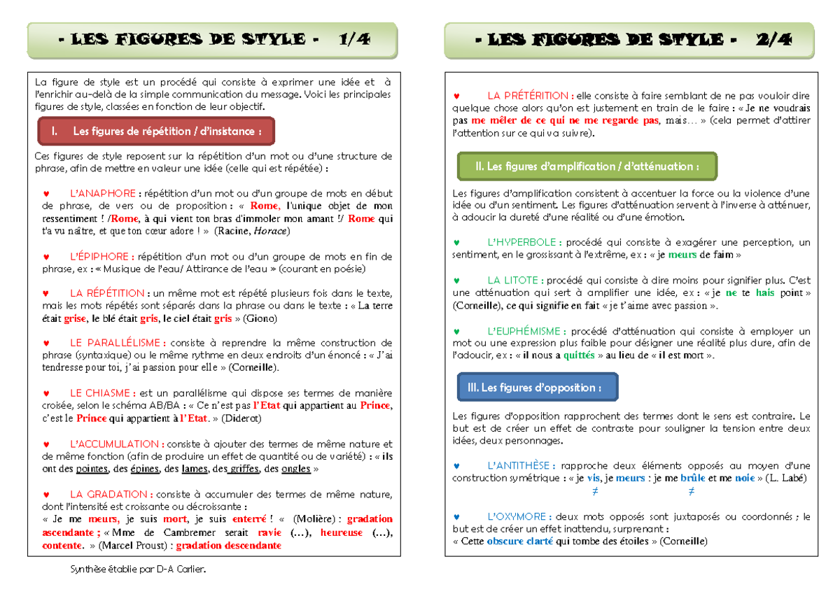 Les figures de style 1 - Notes de cours 9 - Synthèse établie par D-A ...