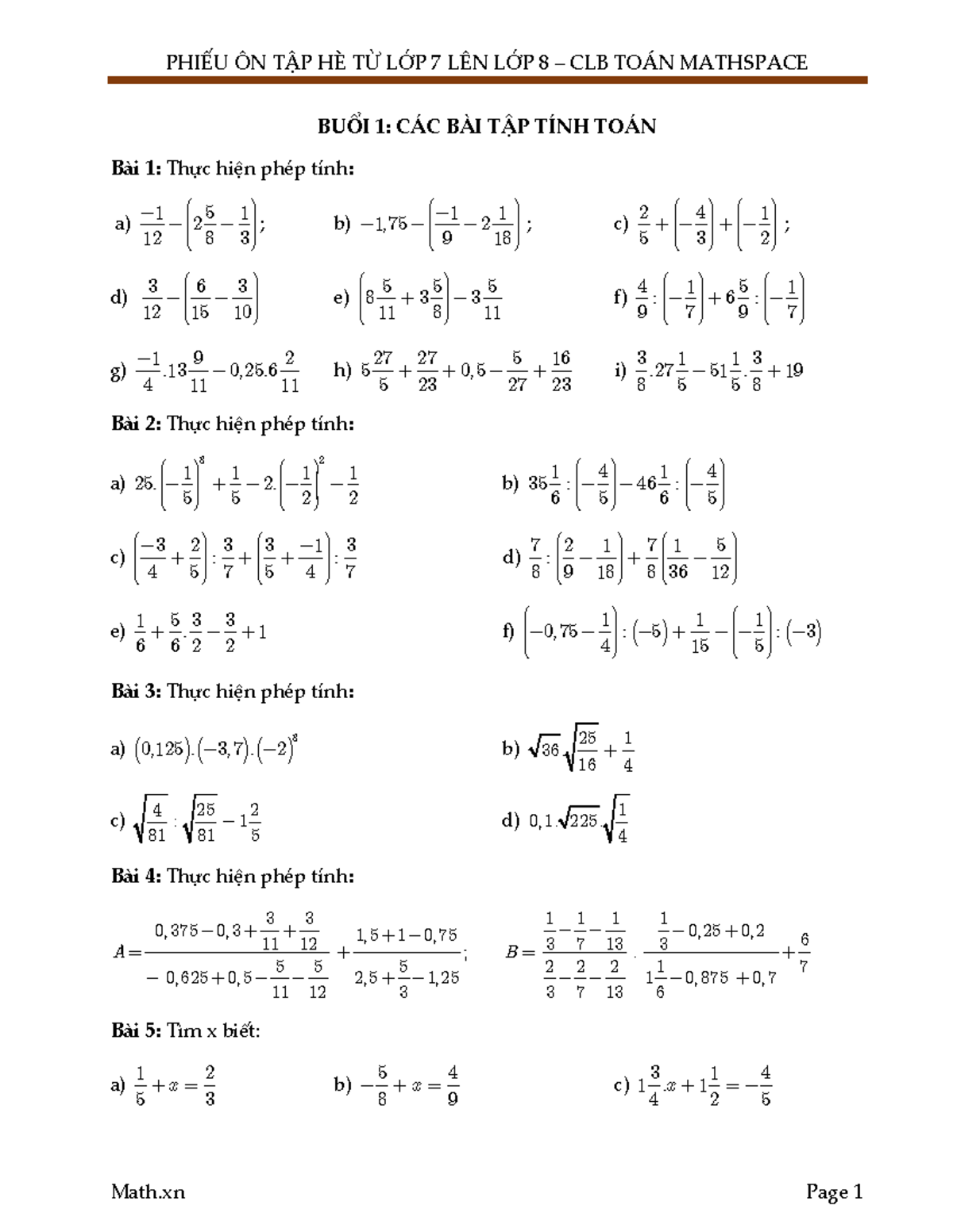ÔN TẬP HÈ LỚP 7: CLB TOÁN MATHSPACE - TÀI LIỆU HỌC TẬP - Studocu