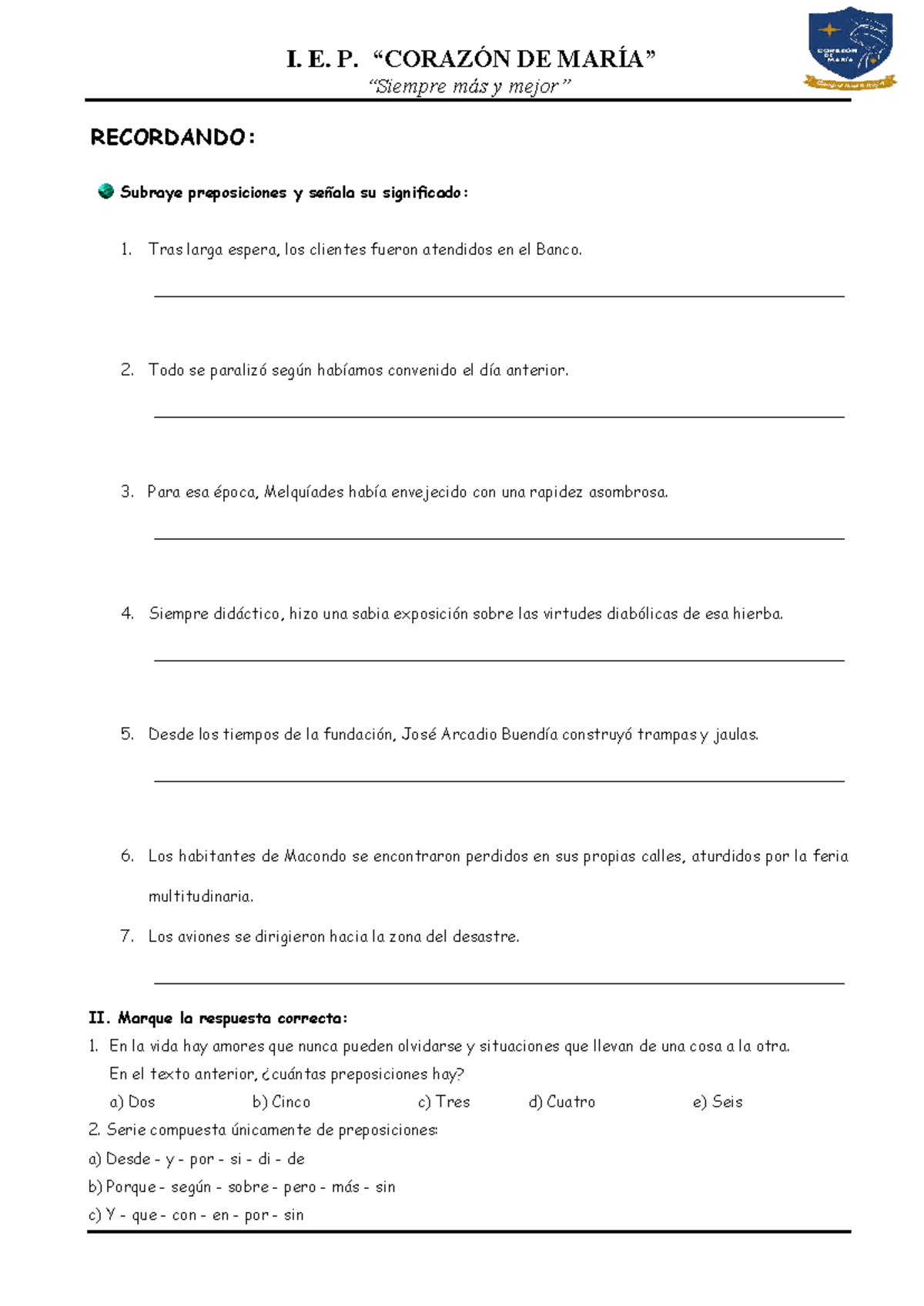 4TO Preposiciones - Ficha de Práctica y Ejercicios - Studocu