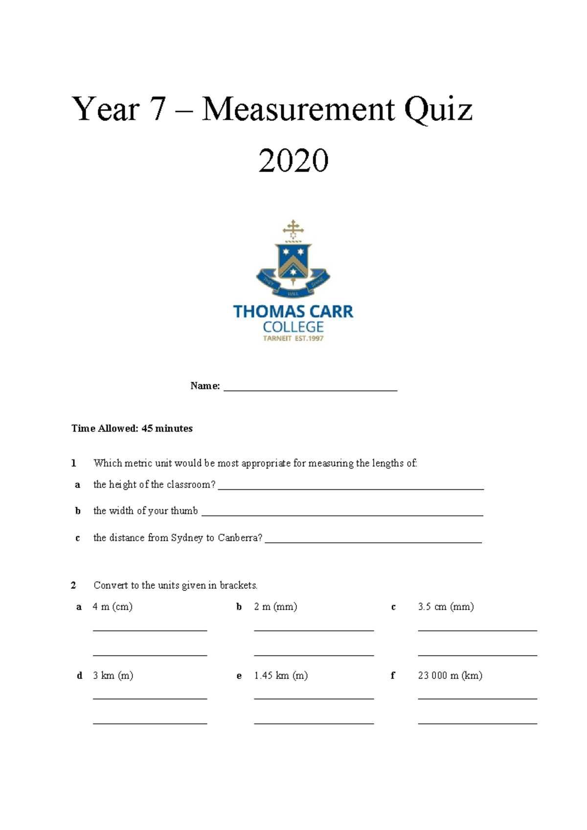 Year 7 Measurement Progress Quiz 2020: Key Concepts and Problems - Studocu