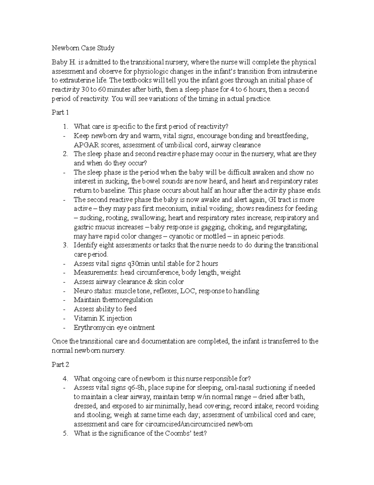 Case Study 2 - Newborn Case Study Baby H. is admitted to the ...